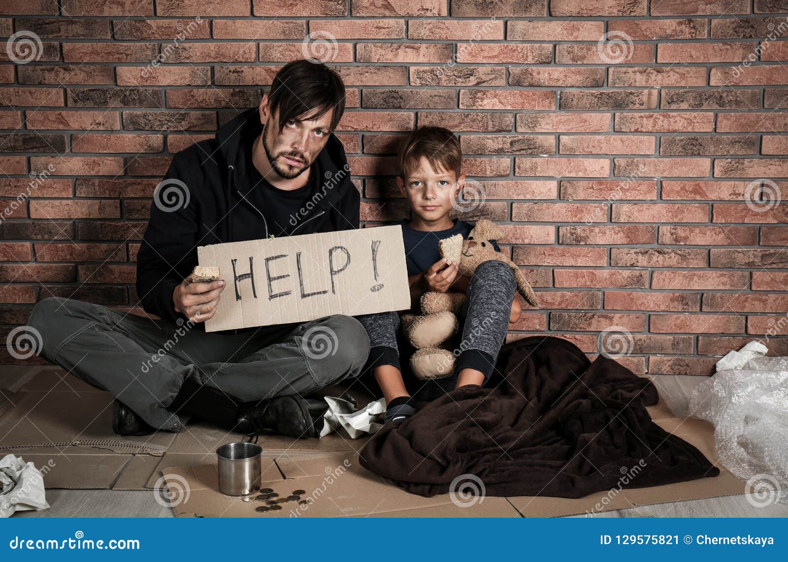 Poor Man with His Son Asking for Help Stock Image - Image of helpless ...