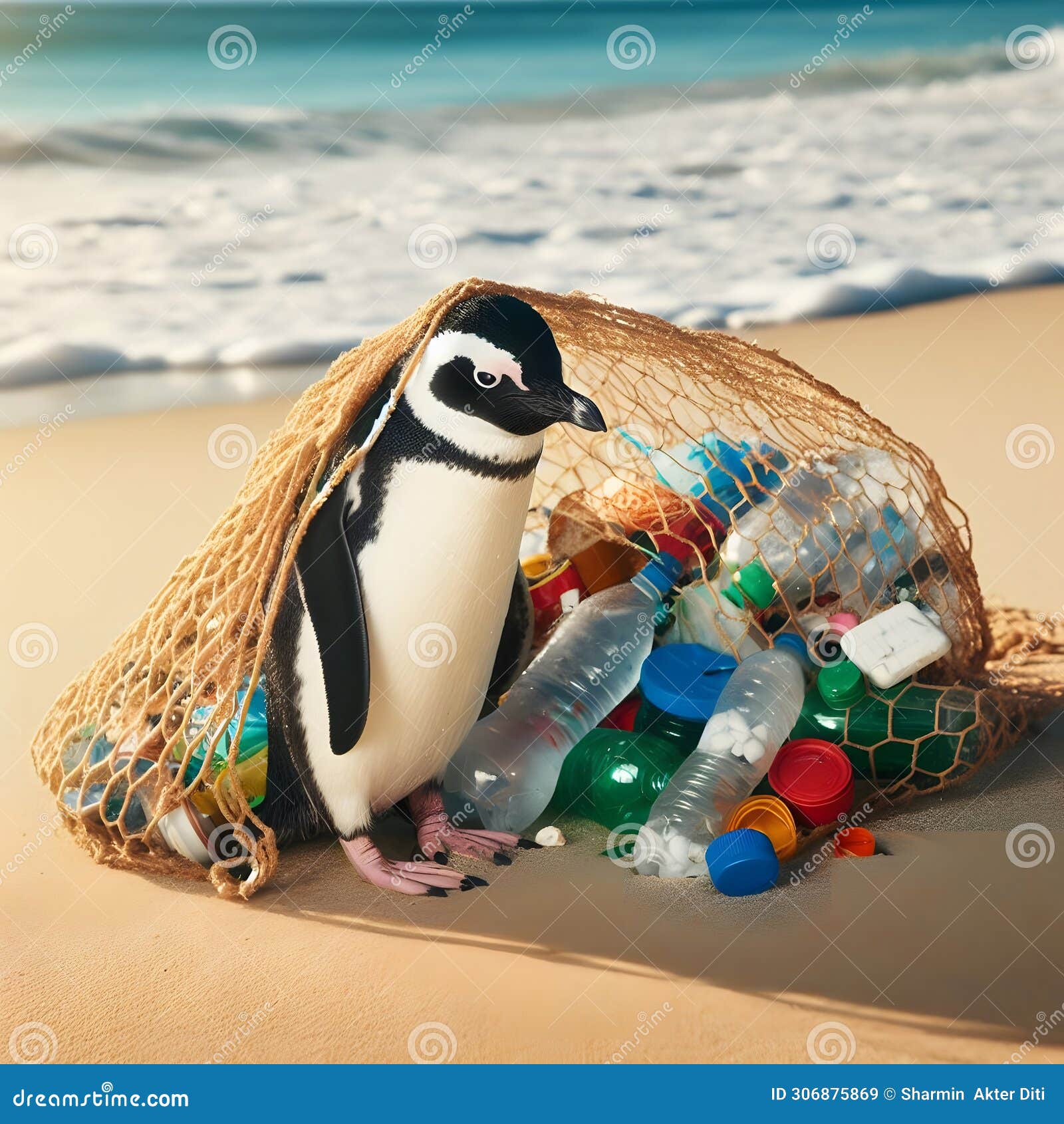 A Poor Penguin in a Net with Various Garbage on a Sandy Beach Stock ...