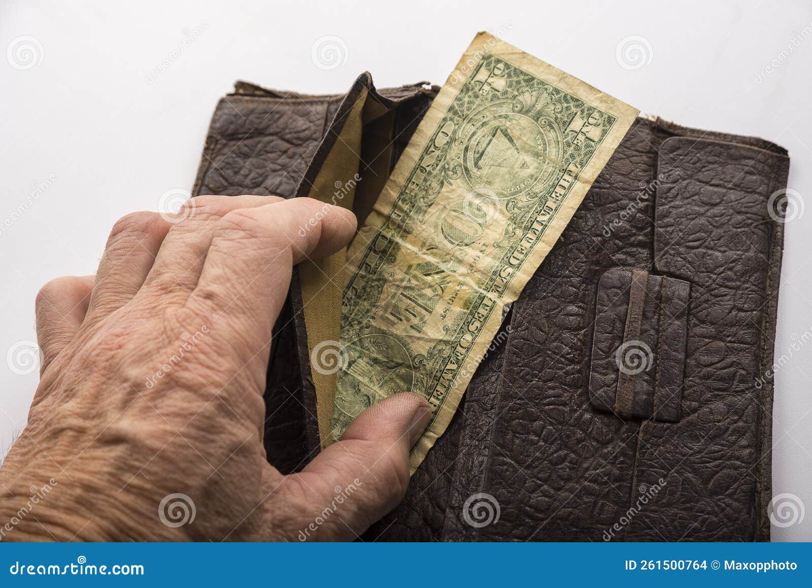 Poor Pensioner Torn Wallet with One Dollar Stock Photo - Image of ...
