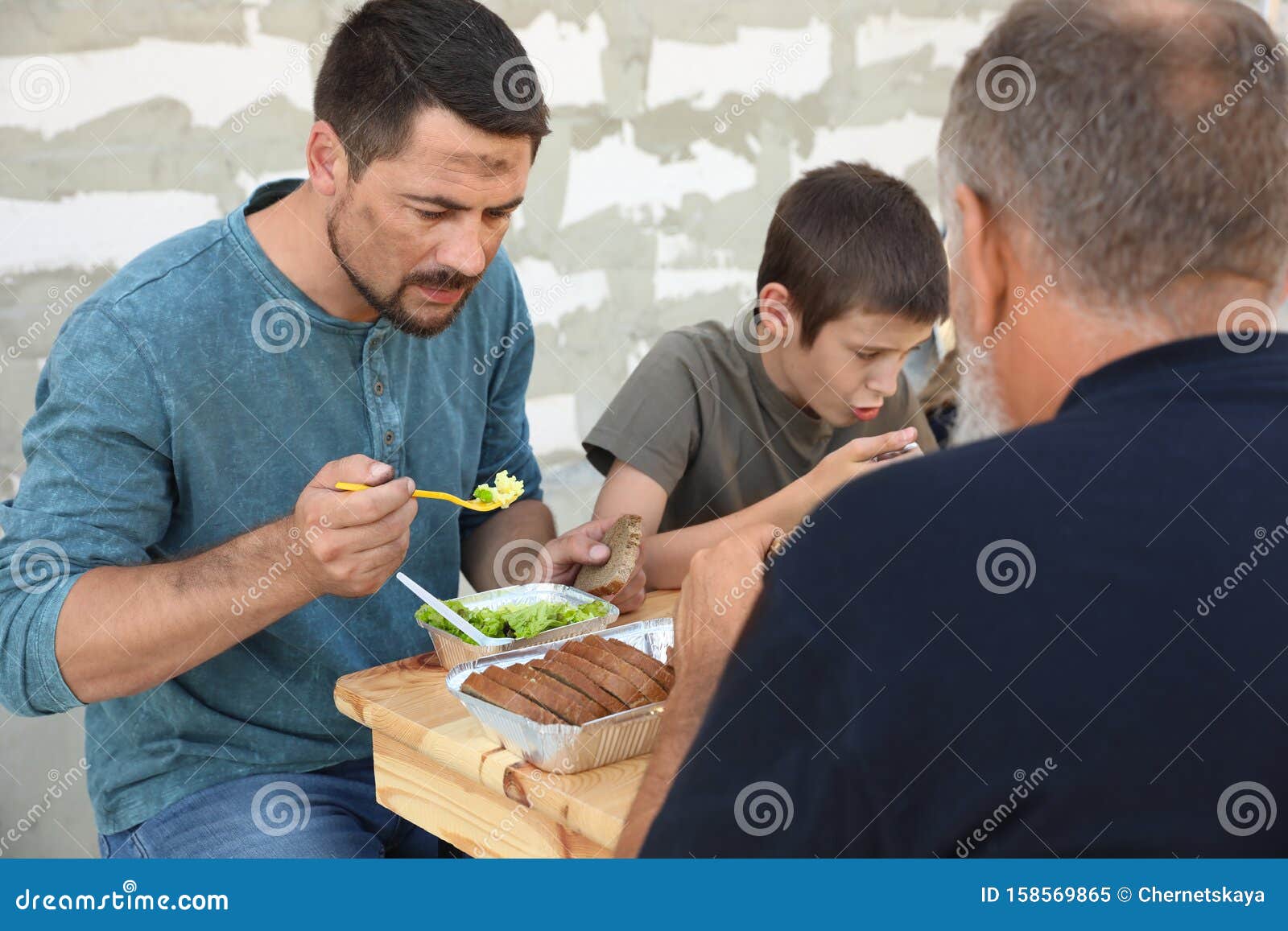 Poor People Eating Food at Wooden Table Stock Image - Image of feed ...