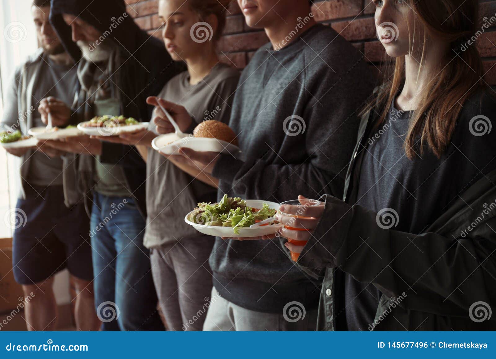 Poor People with Plates of Food at Wall Stock Photo - Image of drink ...