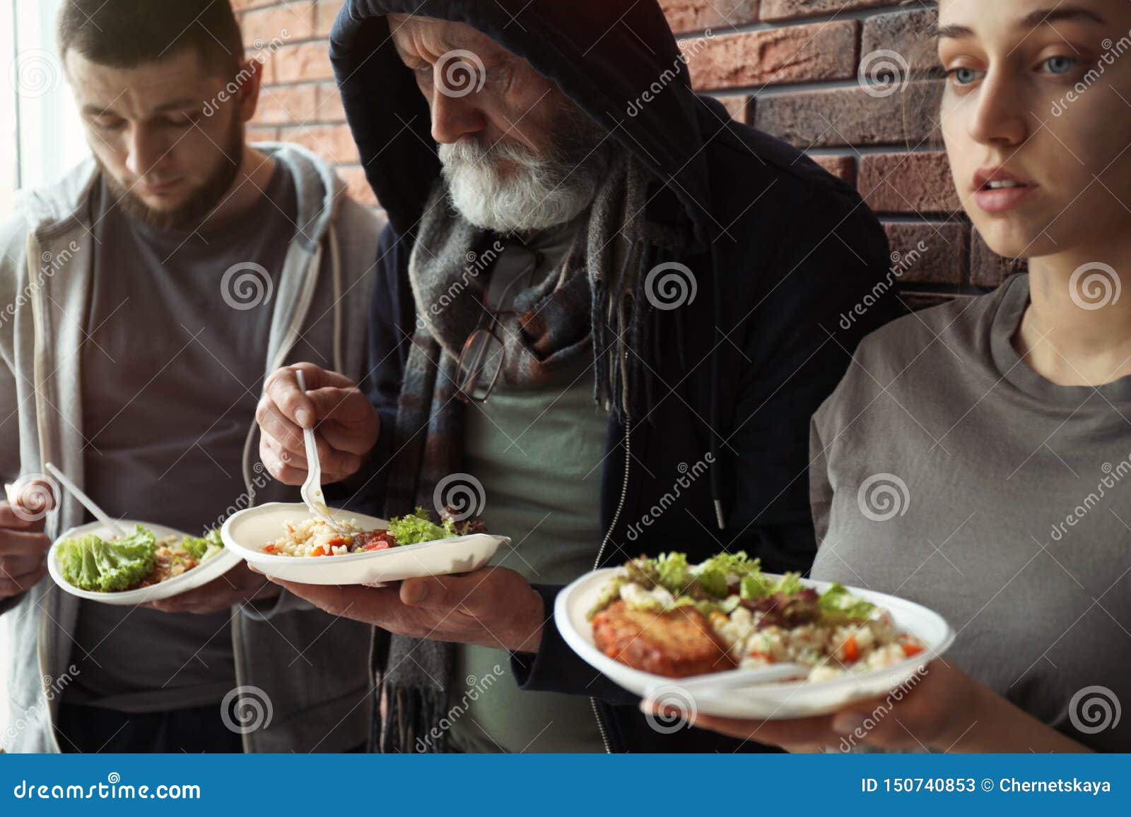 Poor People with Plates of Food at Wall Stock Image - Image of eating ...