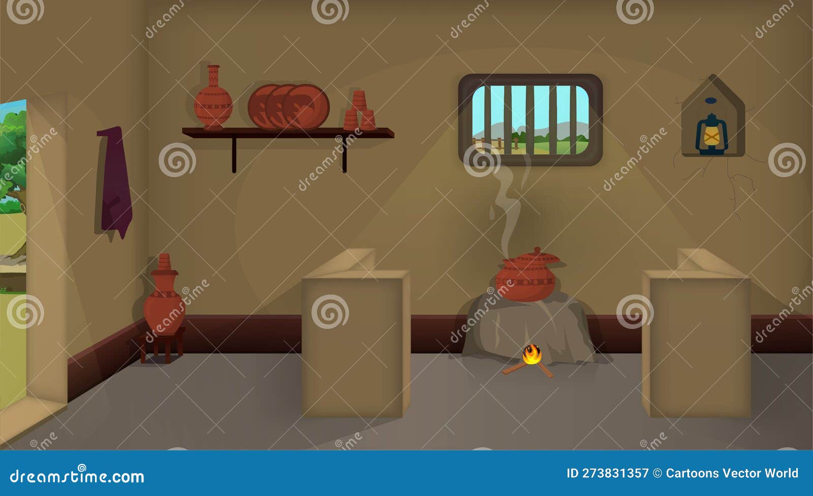 Village Room Inside Cartoon Background Vector, Poor House Room Interior ...