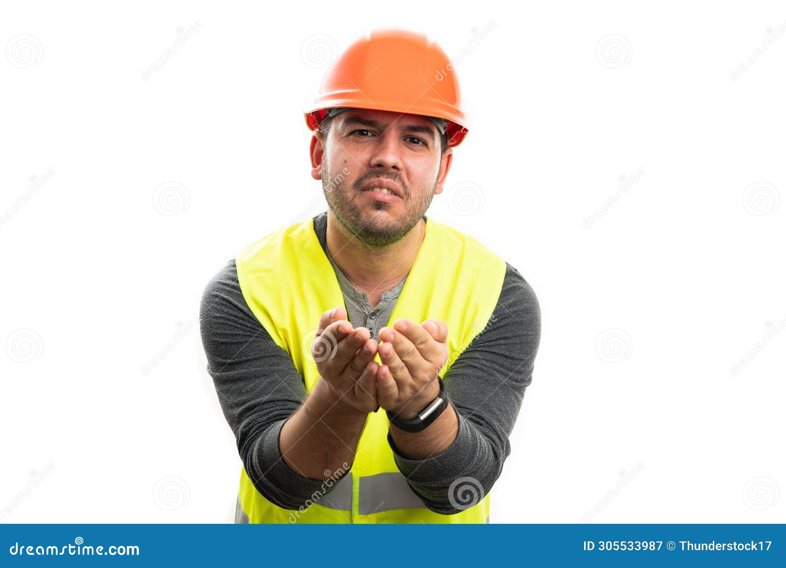 Poor Sad Builder Man Begging for Money Making Gesture Stock Image ...