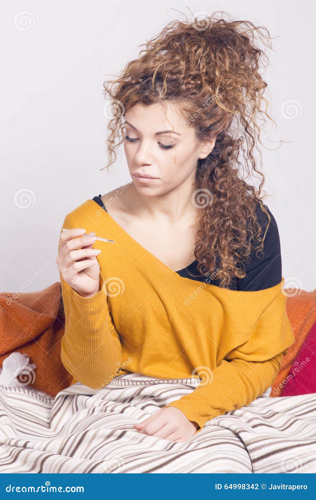 Poor Sick Woman, Taking Her Temperature with a Thermometer. Stock Photo ...