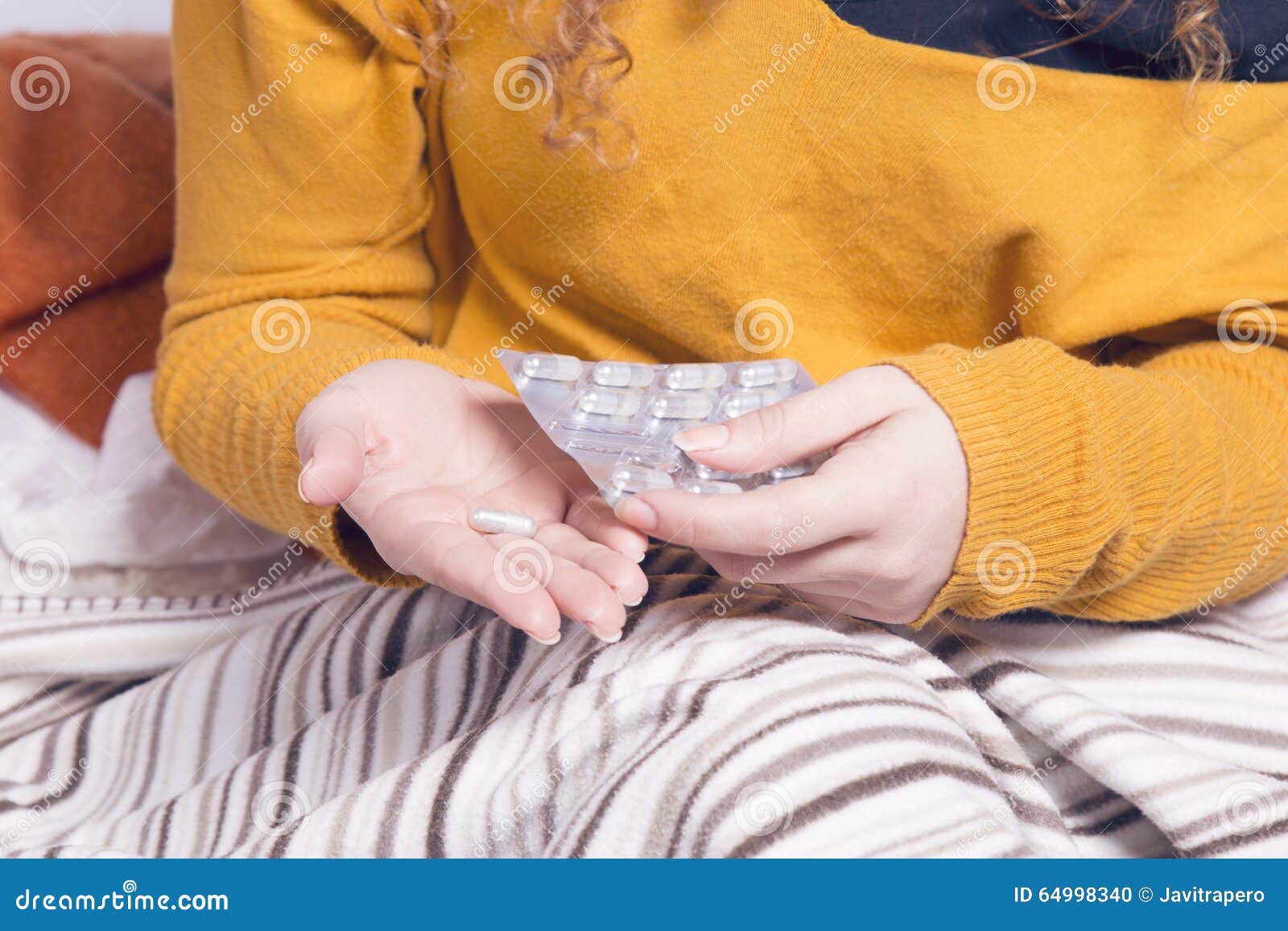 Poor Sick Woman, Taking Her Temperature With A Thermometer. Stock Photo ...