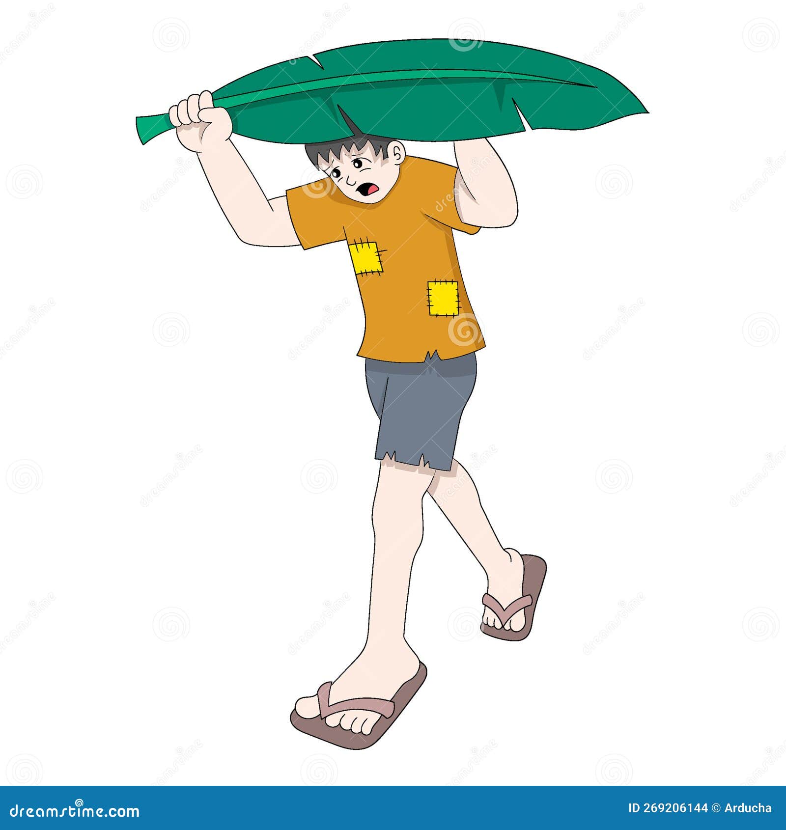 A Poor and Slum Boy is Using a Banana Leaf As an Umbrella Stock Vector ...