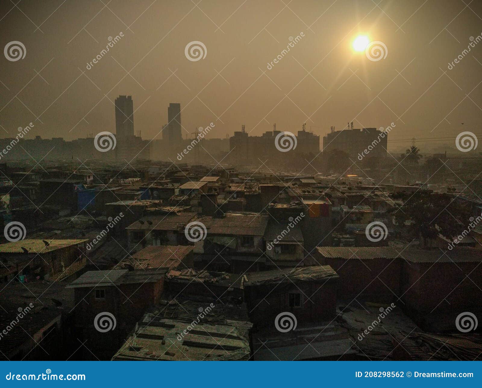 Poor Slums and Rich Buildings Together during Sunrise Stock Photo ...