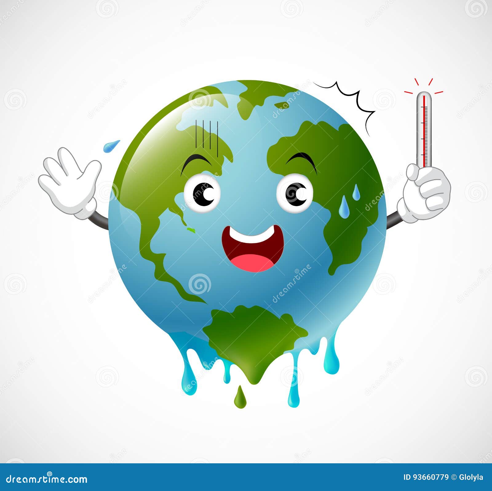 Poorly Globe Sits On Hot Sun With Thermometer. Cartoon Earth Global ...