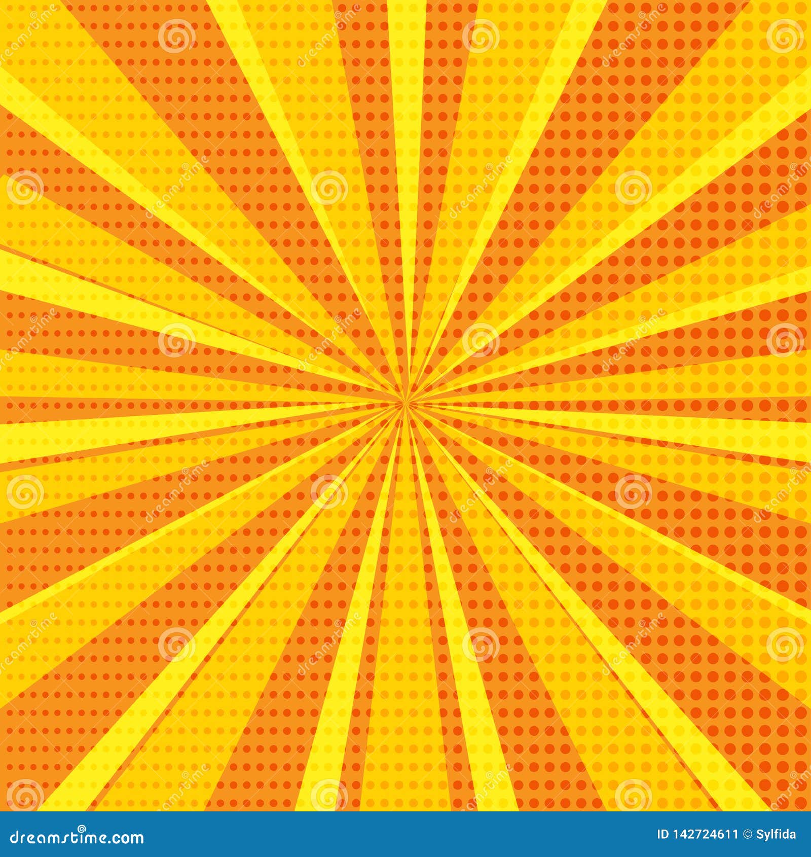 Pop Art Abstract Background with Orange Sunbeams and Halftone Dots ...