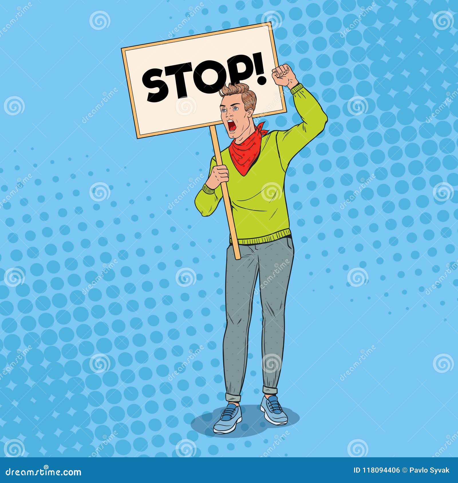 Pop Art Angry Man Protesting on the Picket with Blank Banner. Strike ...