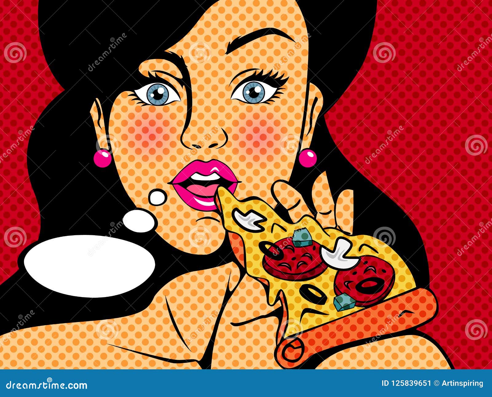 Pop Art Beautiful Woman Eating Tasty Pizza Stock Vector Illustration