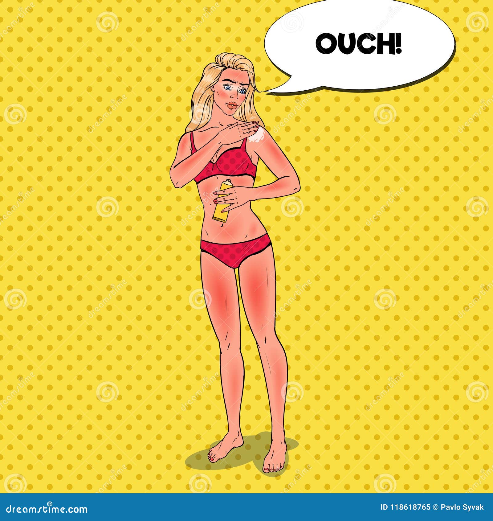 Pop Art Beautiful Woman With Sunburn Girl Applying Suncream On