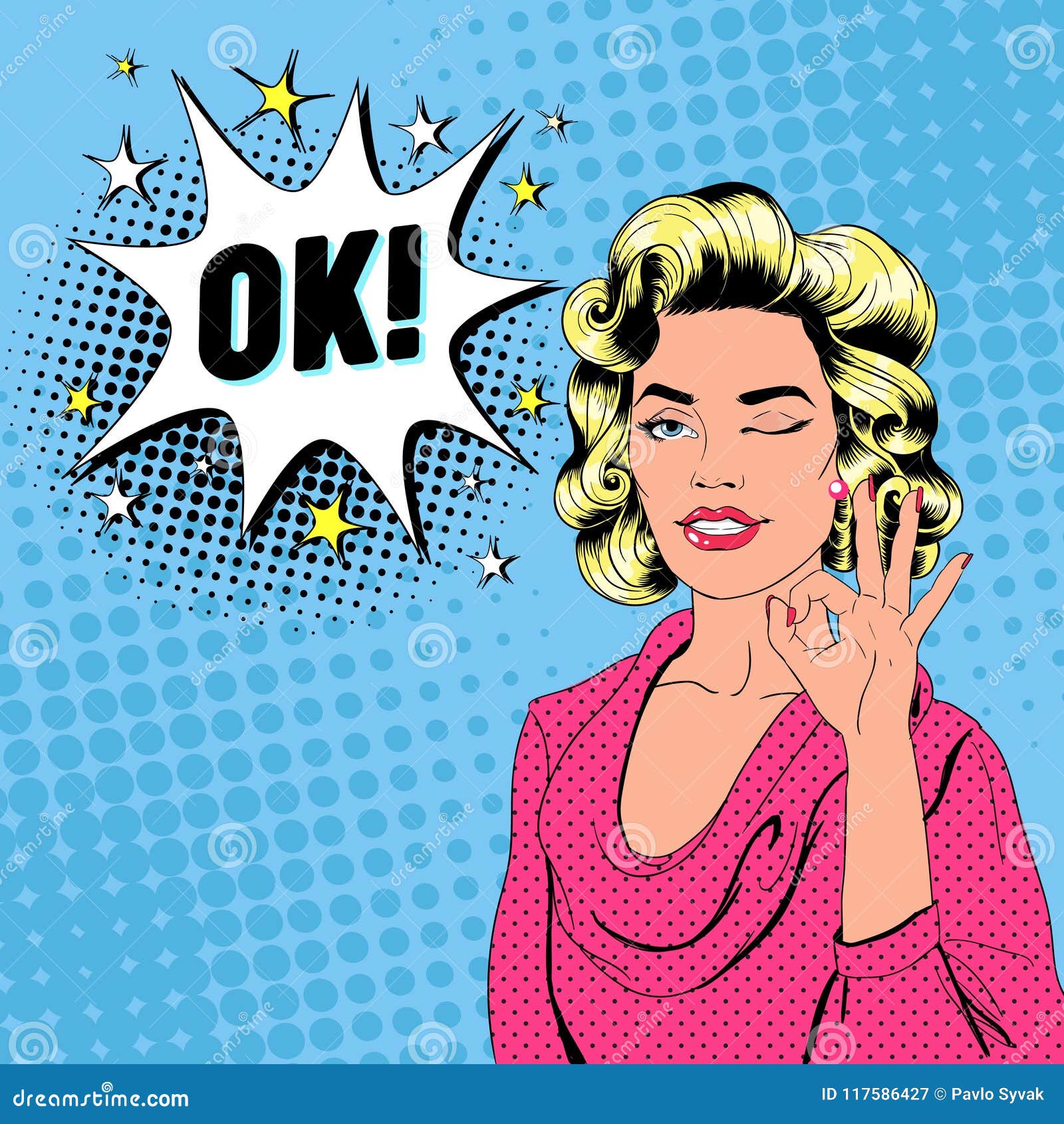 Pop Art Beautiful Woman Winking And Showing Sign Ok Joyful Girl
