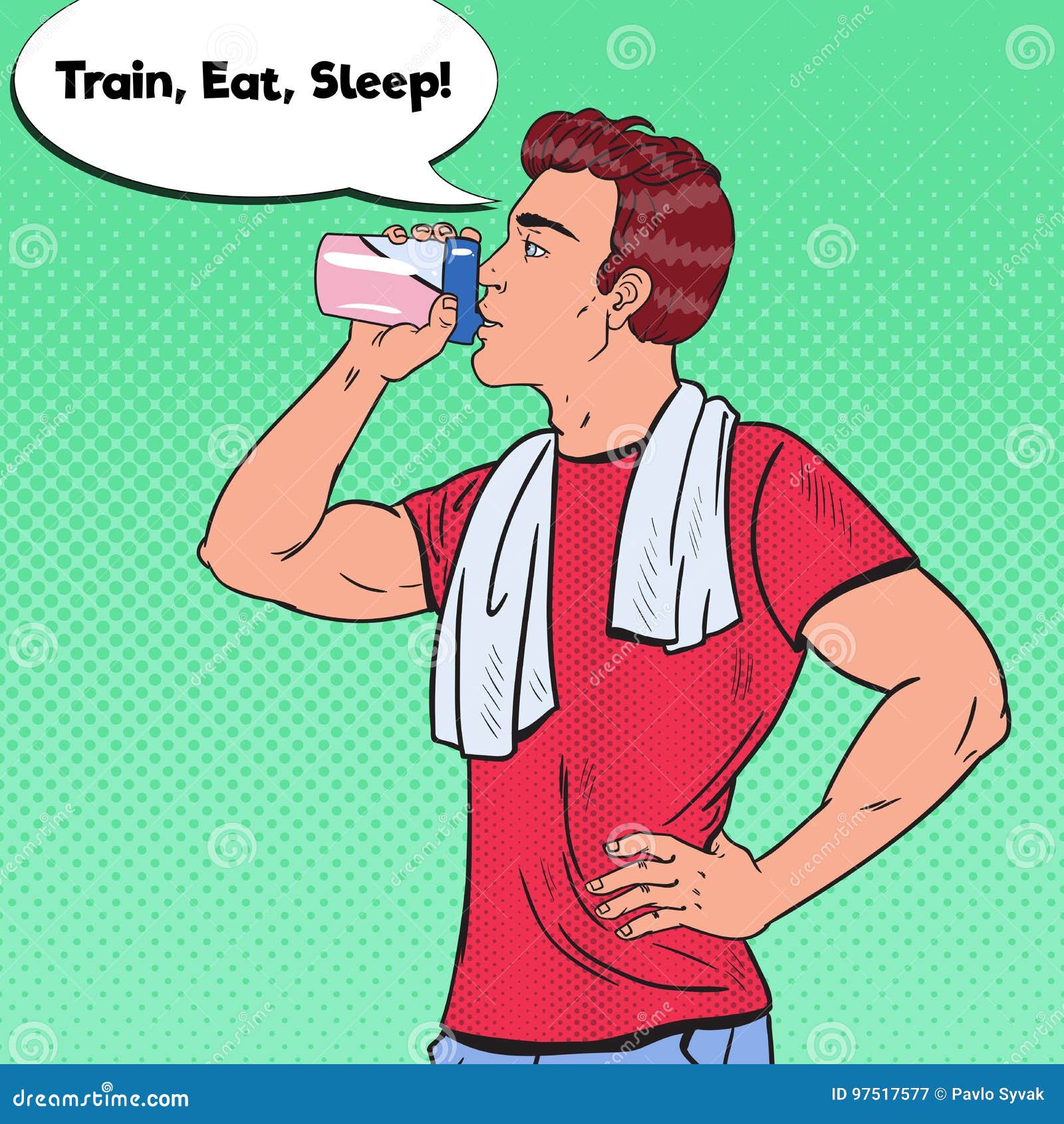 Pop Art Bodybuilder Man Drinking Protein Shake. Nutrition Supplements ...