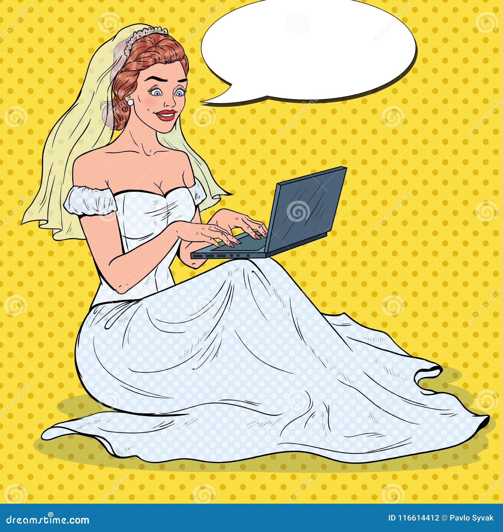 Pop Art Bride with Laptop. Young Happy Woman in Wedding Dress Shopping ... Pop Art Bride with Laptop. Young Happy Woman in Wedding Dress Shopping ...