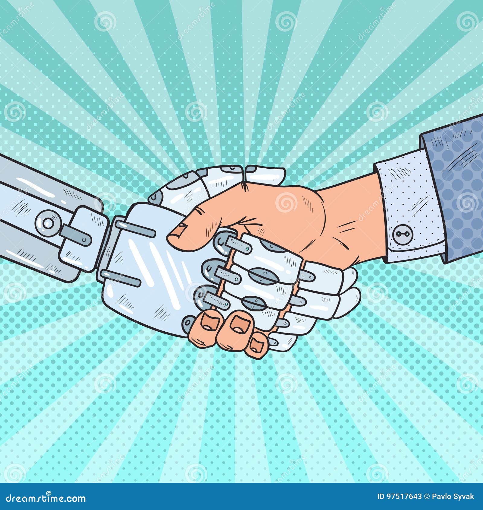 Pop Art Business Robot and Human Handshake. Intelligence Technology ...