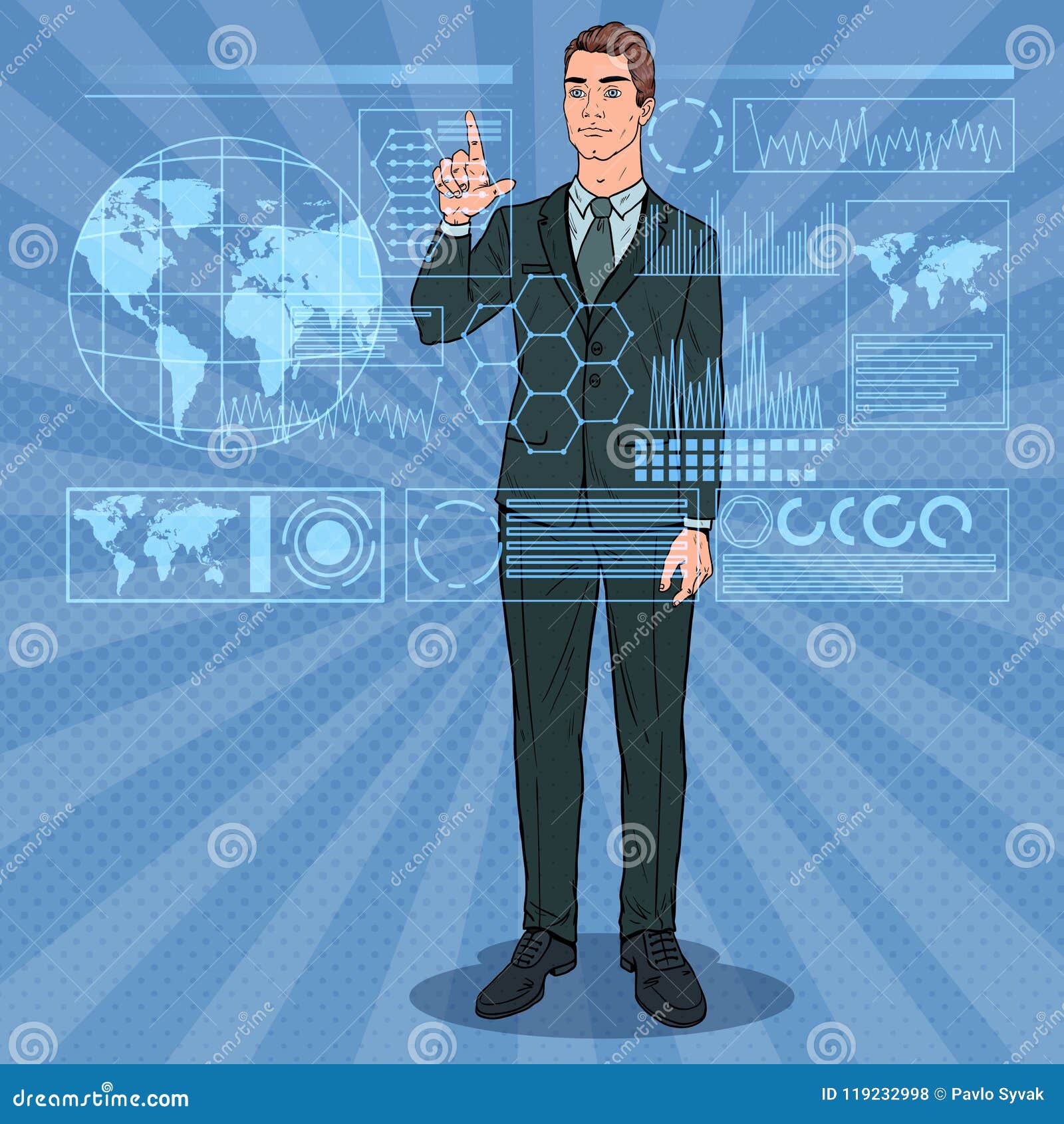 Pop Art Businessman Using Virtual Holographic Interface. Futuristic ...