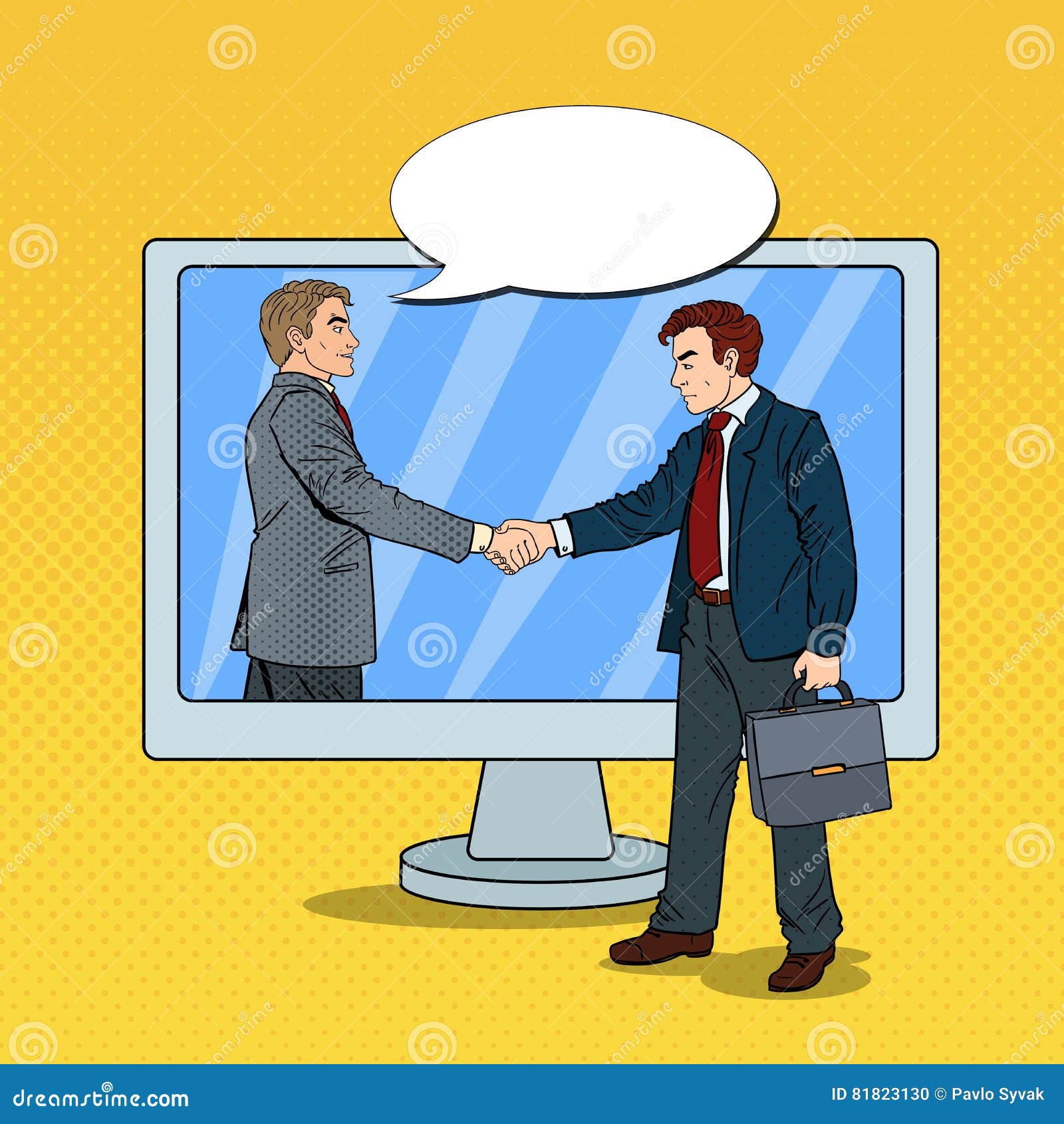 Pop Art Businessmen Shake Hands through the Computer Screen. Business ...