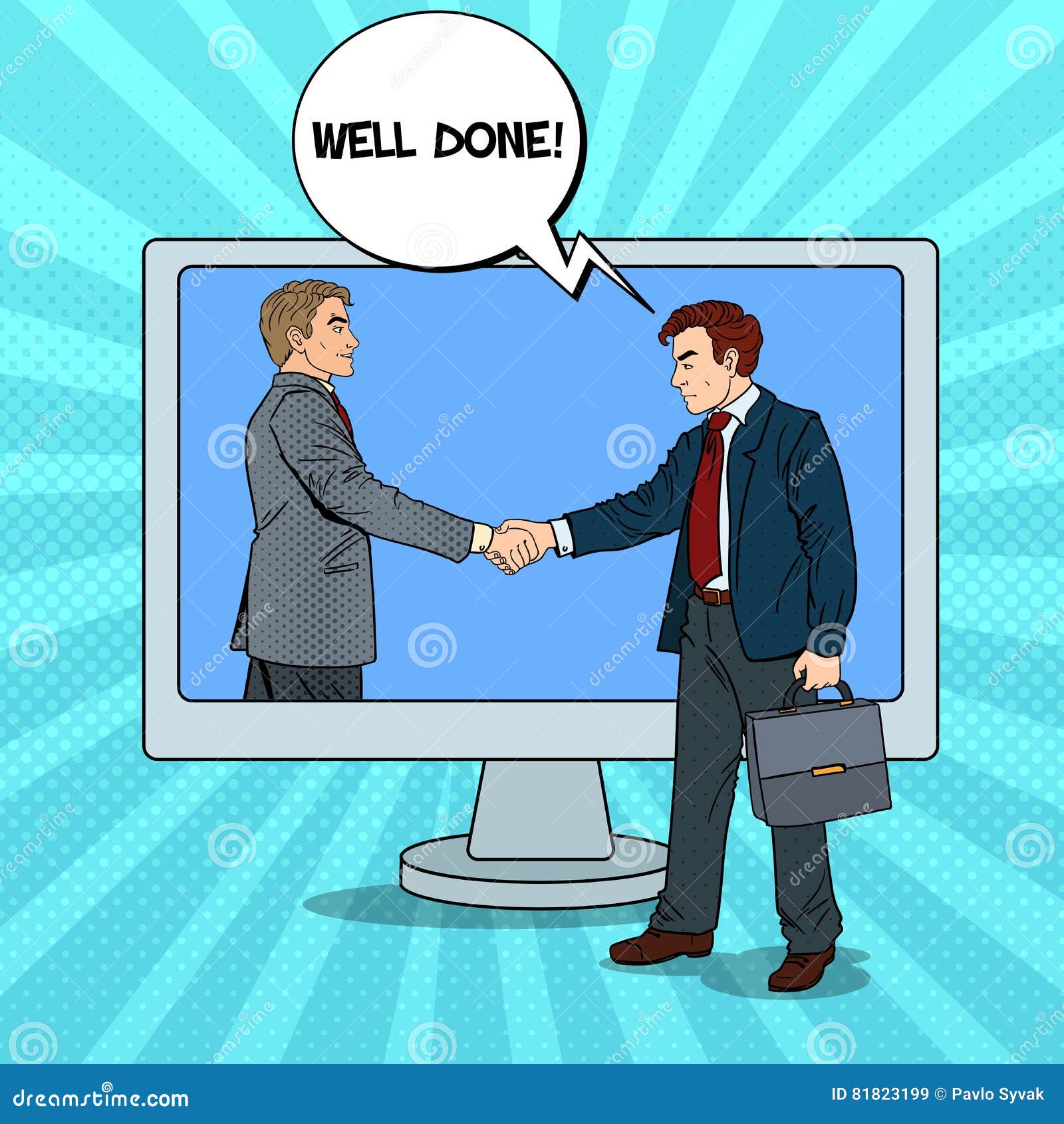 Pop Art Businessmen Shake Hands through the Computer Screen. Business ...