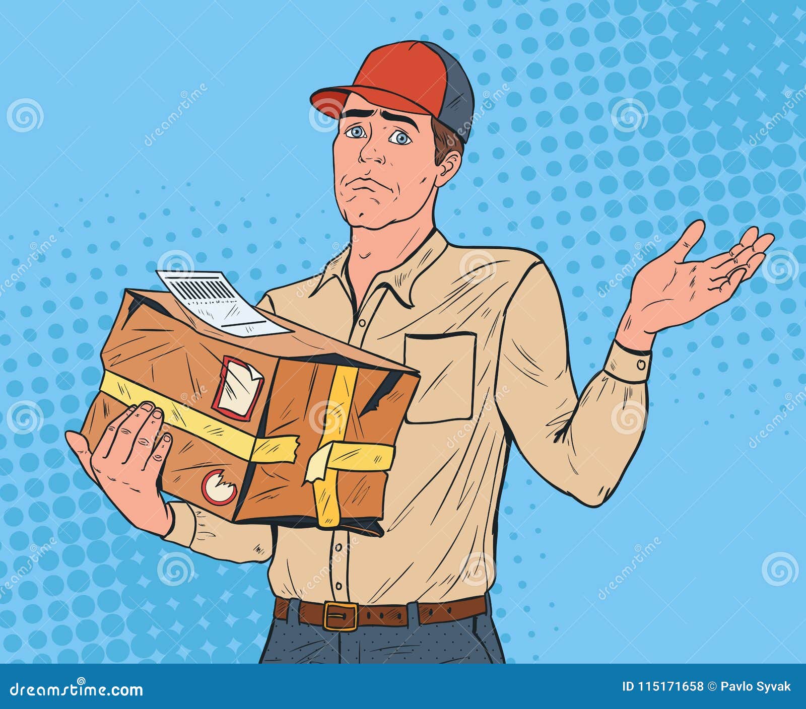 Pop Art Unprofessional Courier With Damaged Parcel Vector Illustration ...
