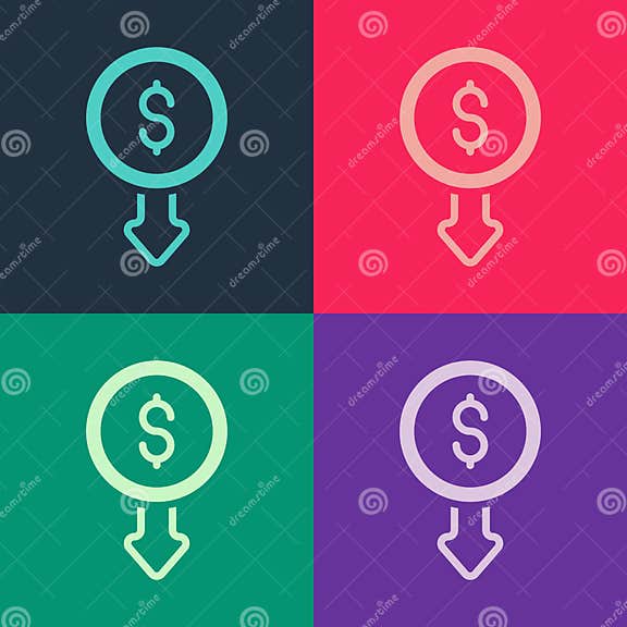 Pop Art Dollar Rate Decrease Icon Isolated on Color Background. Cost Reduction. Money Symbol ...