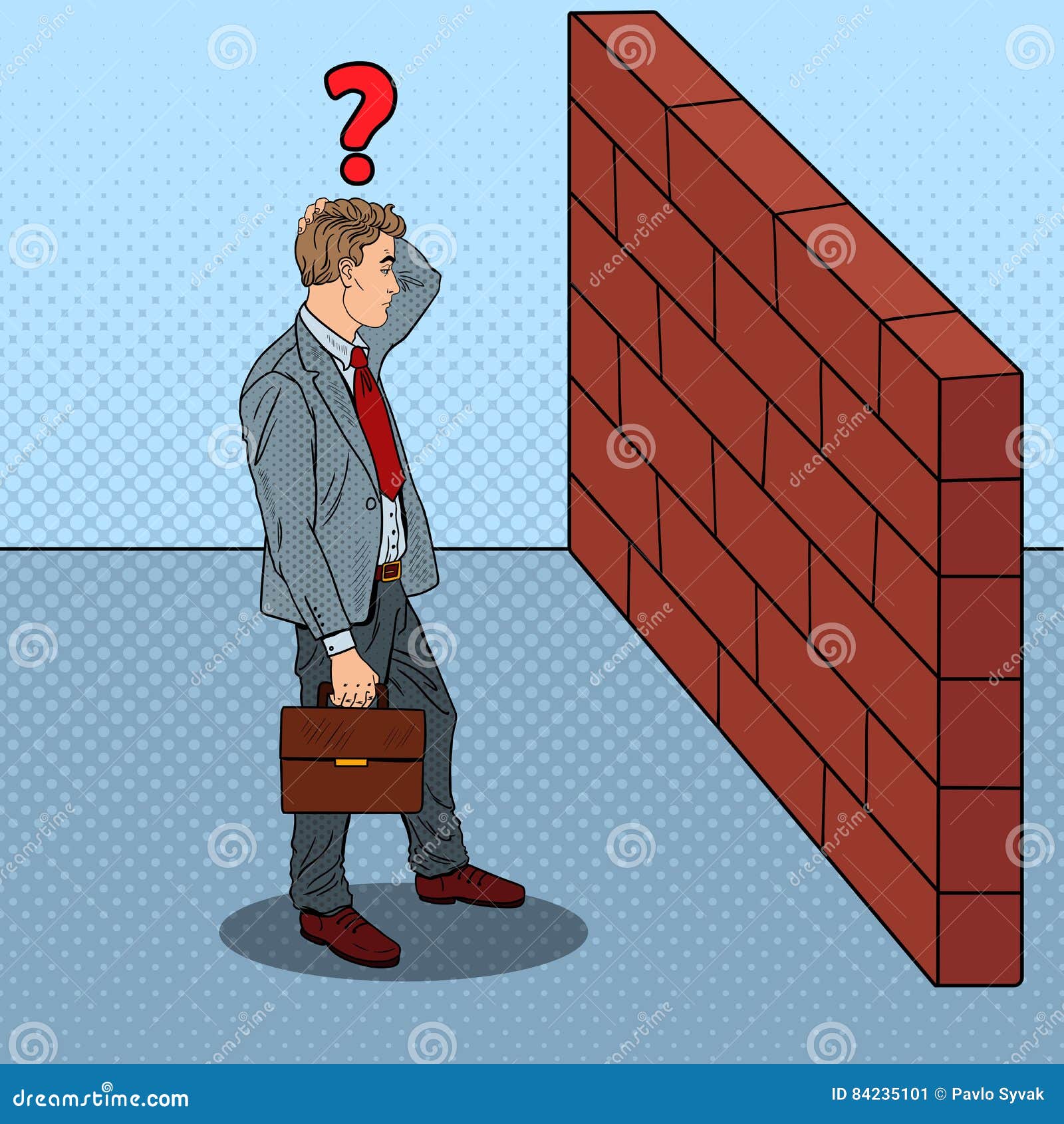 Pop Art Doubtful Businessman Standing in Front of a Brick Wall Stock ...