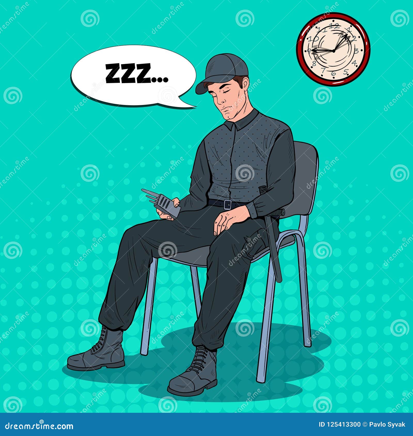 Pop Art Guard Man Sleeping at Work. Security Worker Resting on Armchair ...