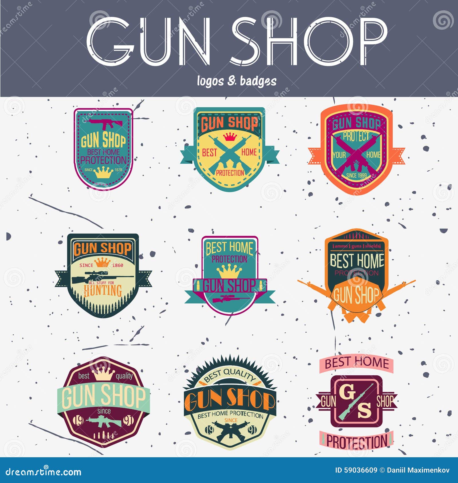 Pop Art Gun Shop Logotypes and Badges Vector Set Stock Vector ...