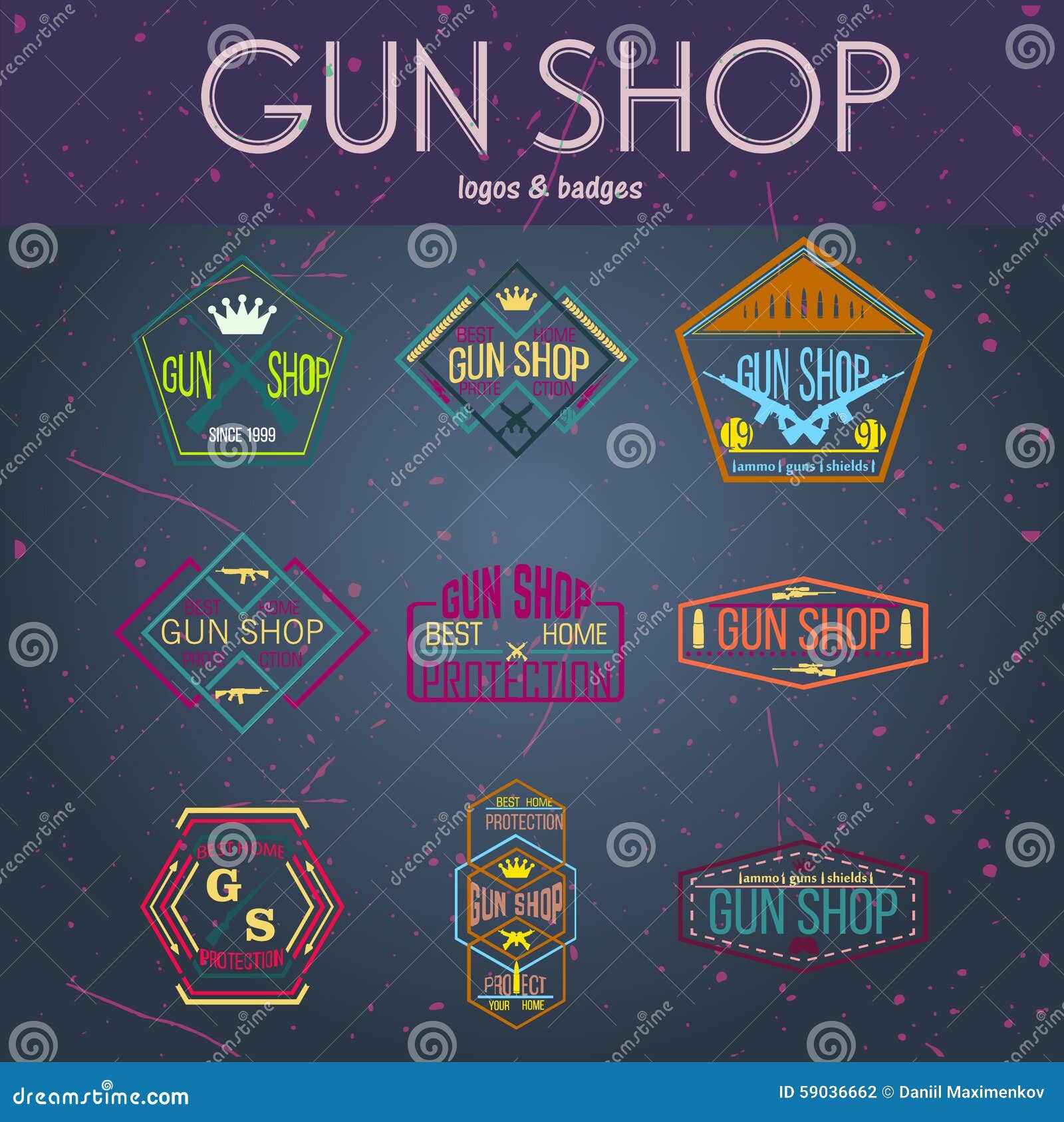 Pop Art Gun Shop Logotypes and Badges Vector Set Stock Vector ...