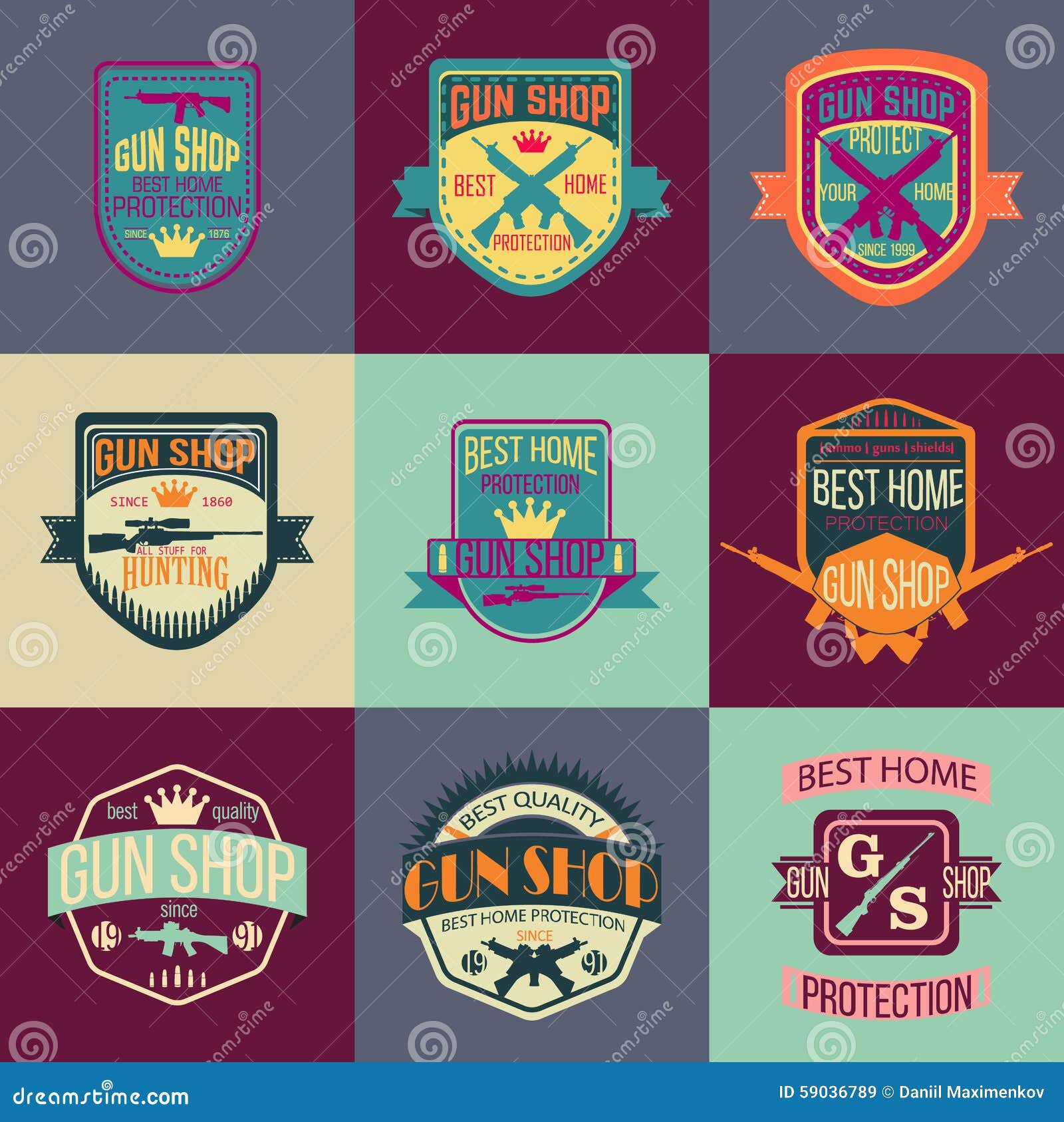 Pop Art Gun Shop Logotypes and Badges Vector Set Stock Vector ...