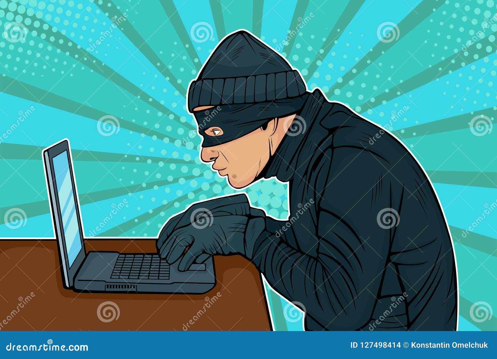 Hacker In Disguise Sitting At Desktop And Working On Laptop, Internet ...