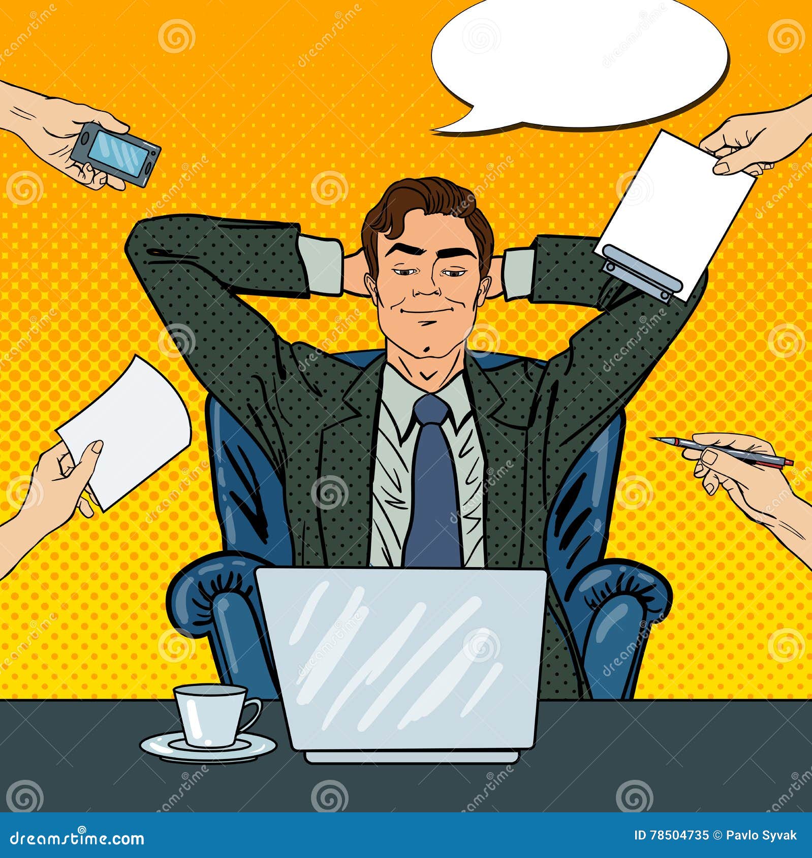 Pop Art Happy Businessman with Laptop at Multi Tasking Office Work ... Pop Art Happy Businessman with Laptop at Multi Tasking Office Work ...