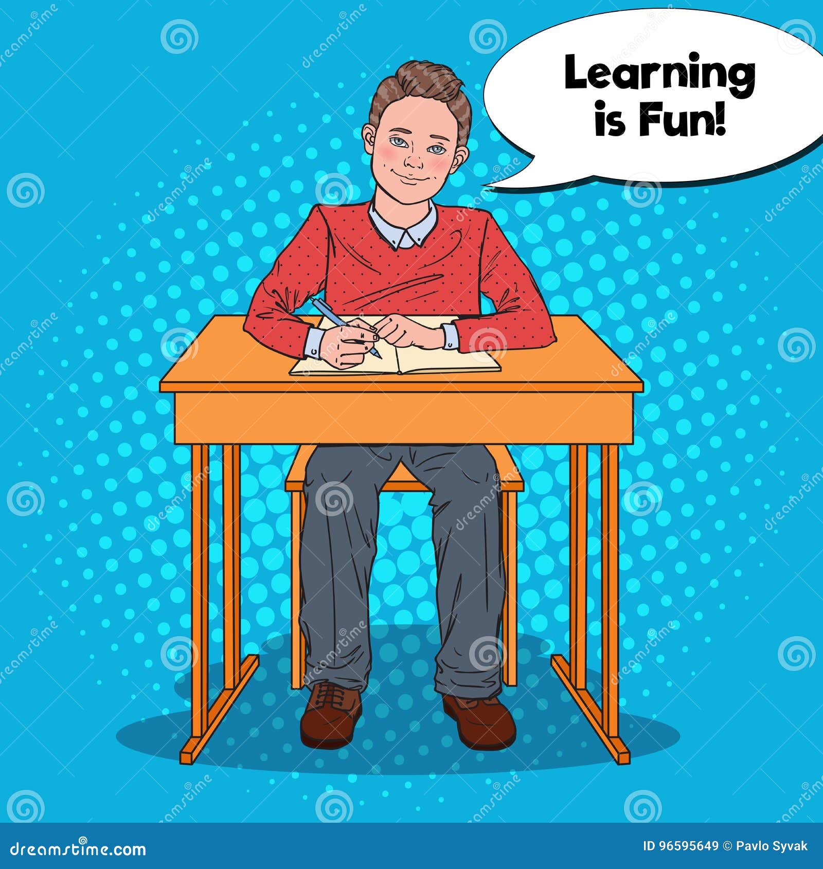 Pop Art Happy Schoolboy Doing Homework. Education Concept Stock Vector ...