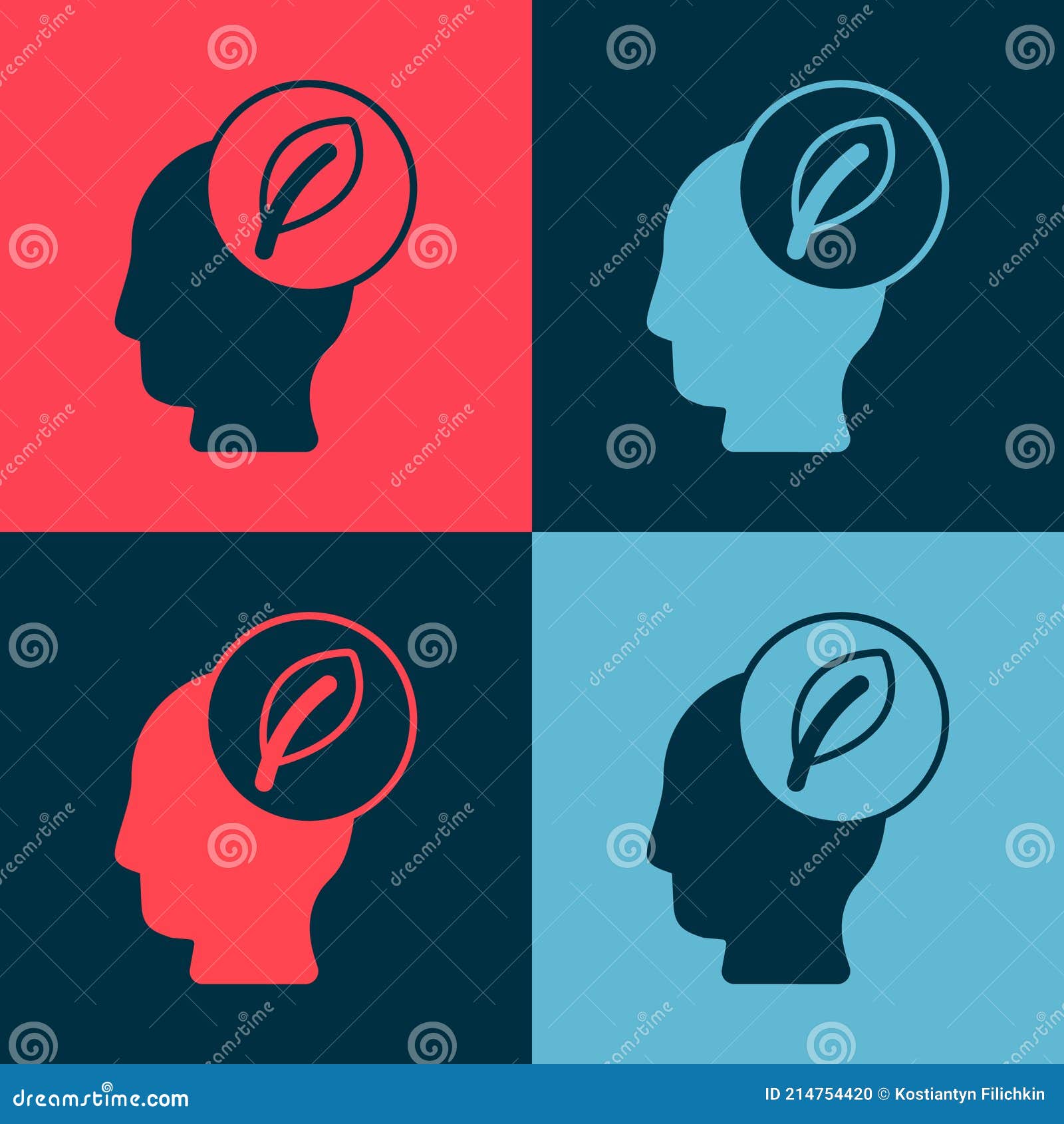 Pop Art Human Head with Leaf Inside Icon Isolated on Color Background ...