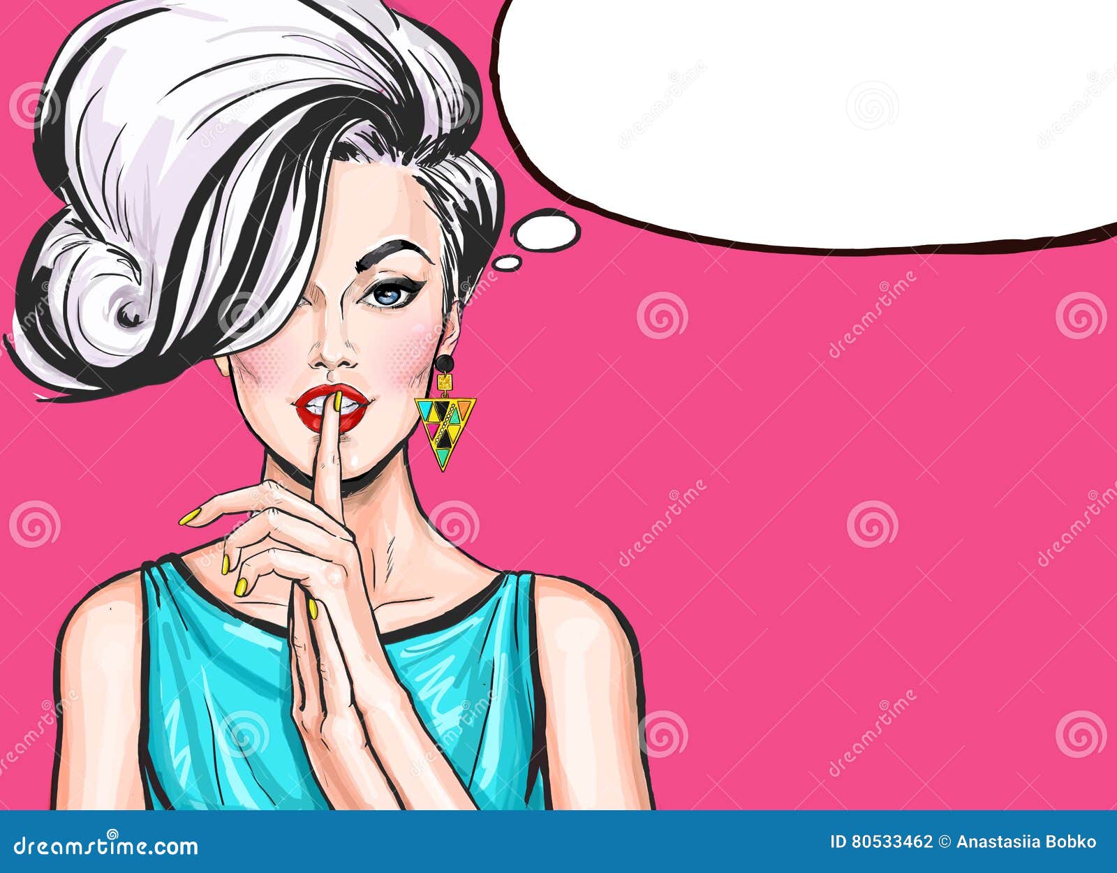 Shhh Bubble Pop Art Woman Face With Finger On Lips Silence Gesture ...