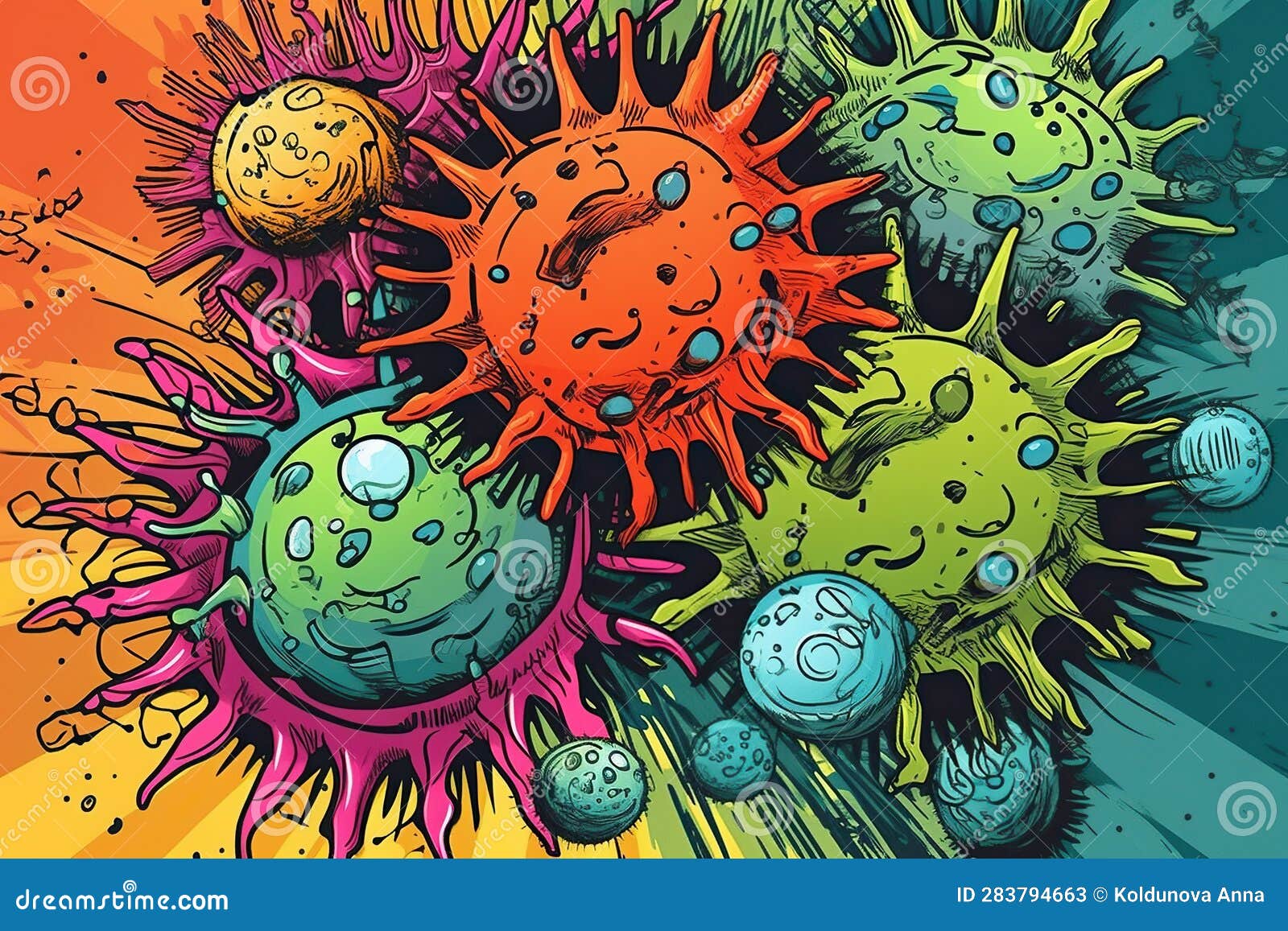 Pop Art Illustration of Viruses, Concept of Microscopic Organisms ...
