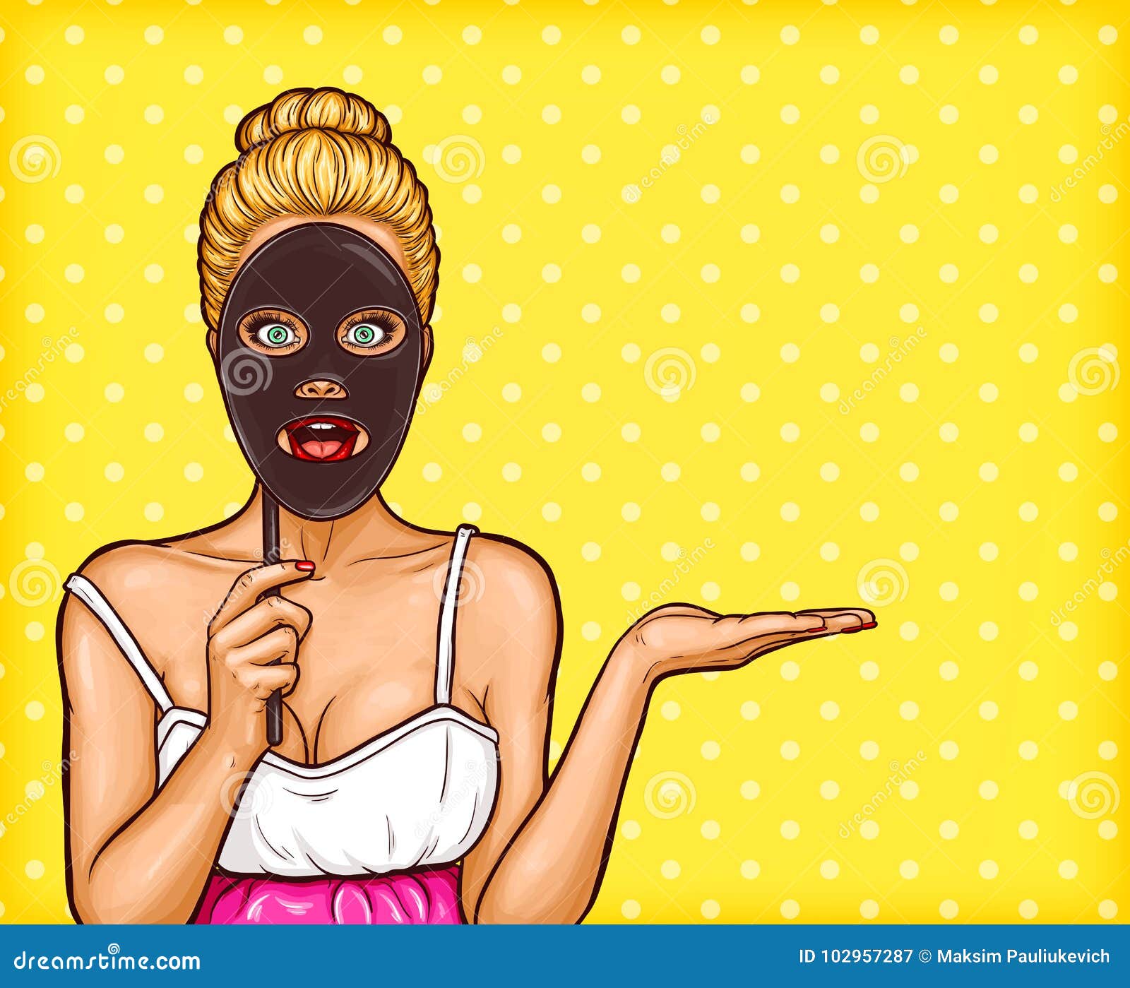 Pop Art Blond Woman Holding A Mask In Her Hand Imitating A Cosmetology