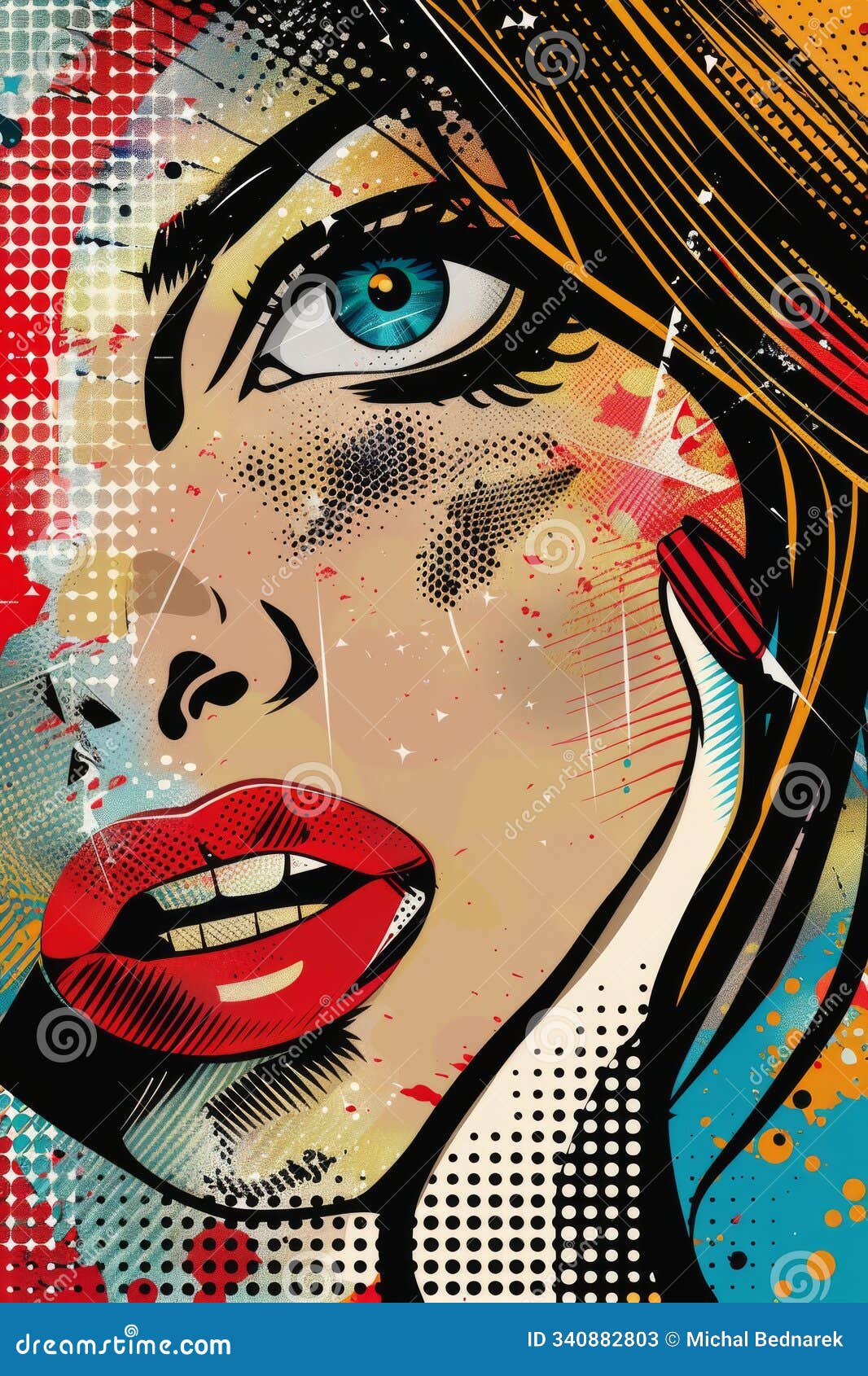 Pop Art Inspired Woman S Face with Bold Comic Elements Stock Image ...