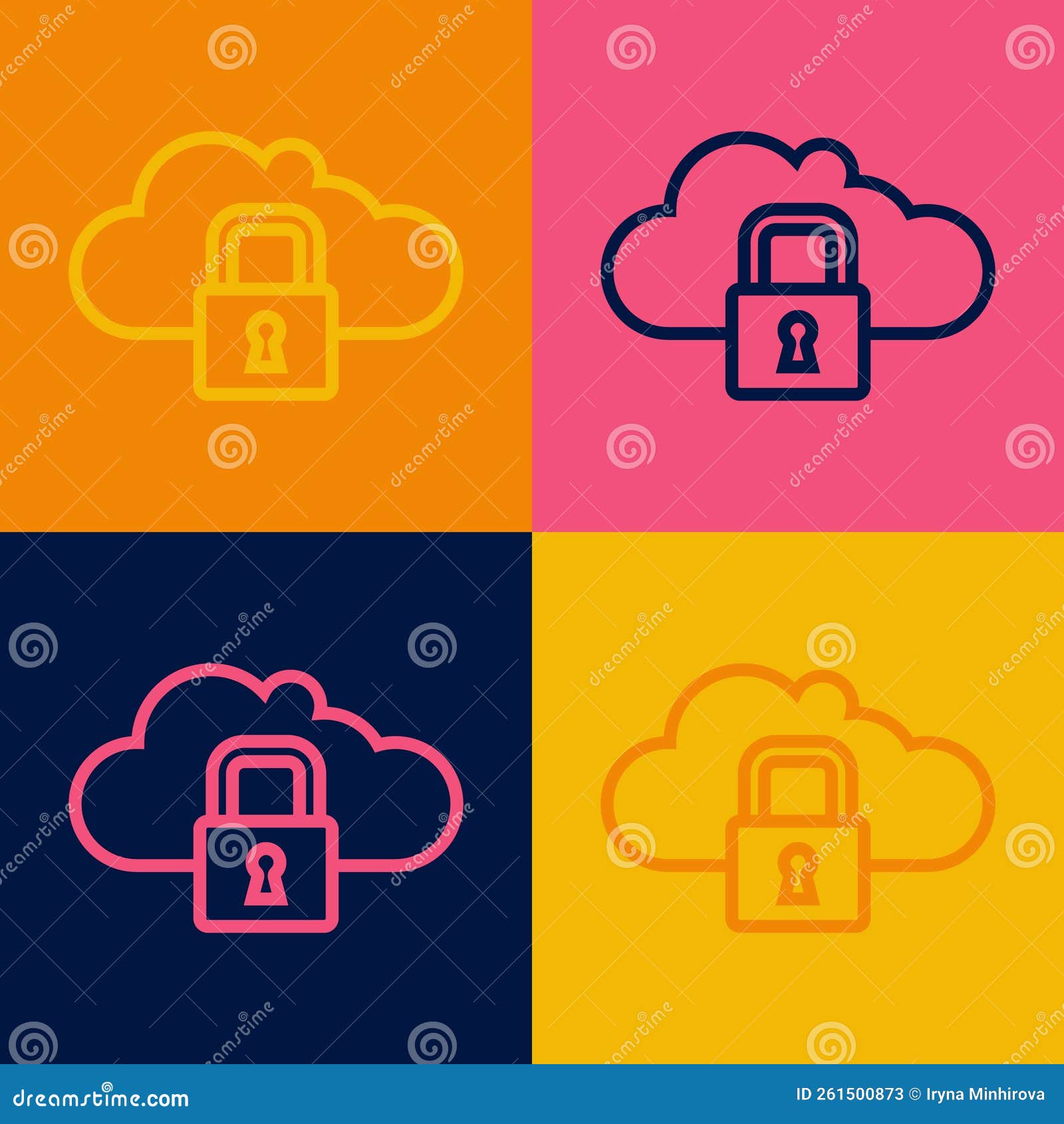 Pop Art Line Cloud Computing Lock Icon Isolated on Color Background. Security, Safety ...