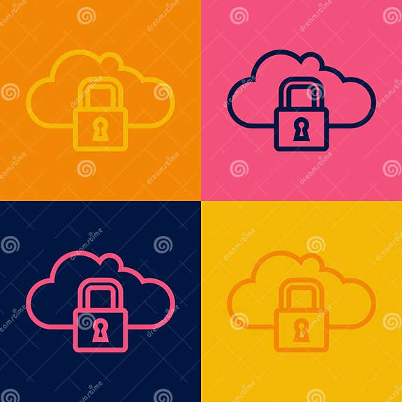 Pop Art Line Cloud Computing Lock Icon Isolated on Color Background. Security, Safety ...