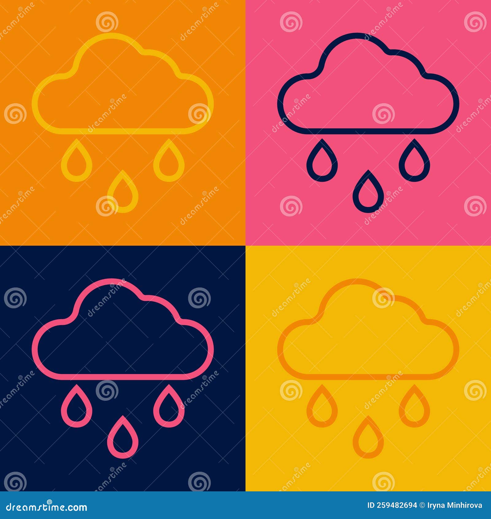 Pop Art Line Cloud with Rain Icon Isolated on Color Background. Rain ...