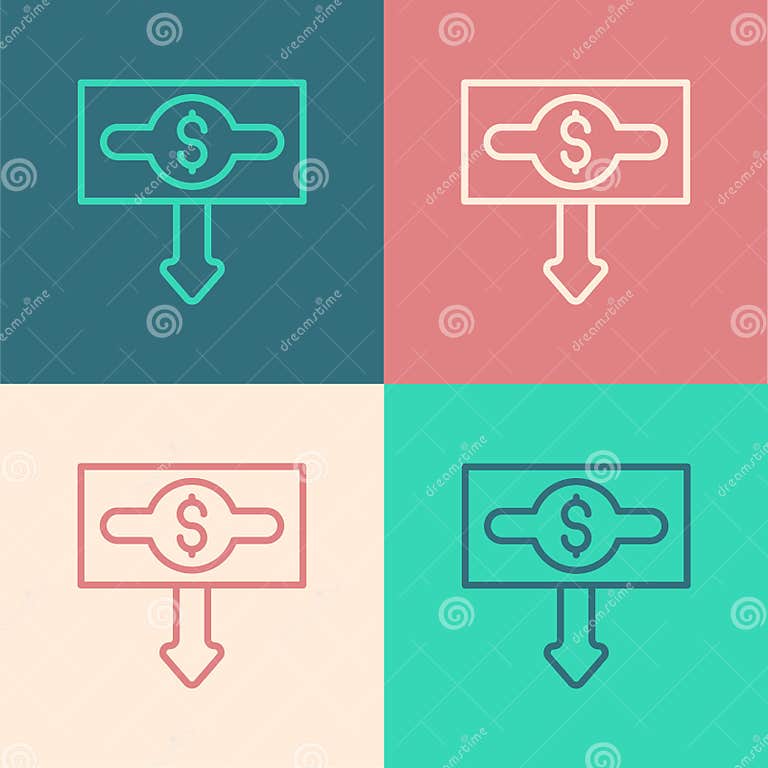 Pop Art Line Dollar Rate Decrease Icon Isolated on Color Background. Cost Reduction Stock ...