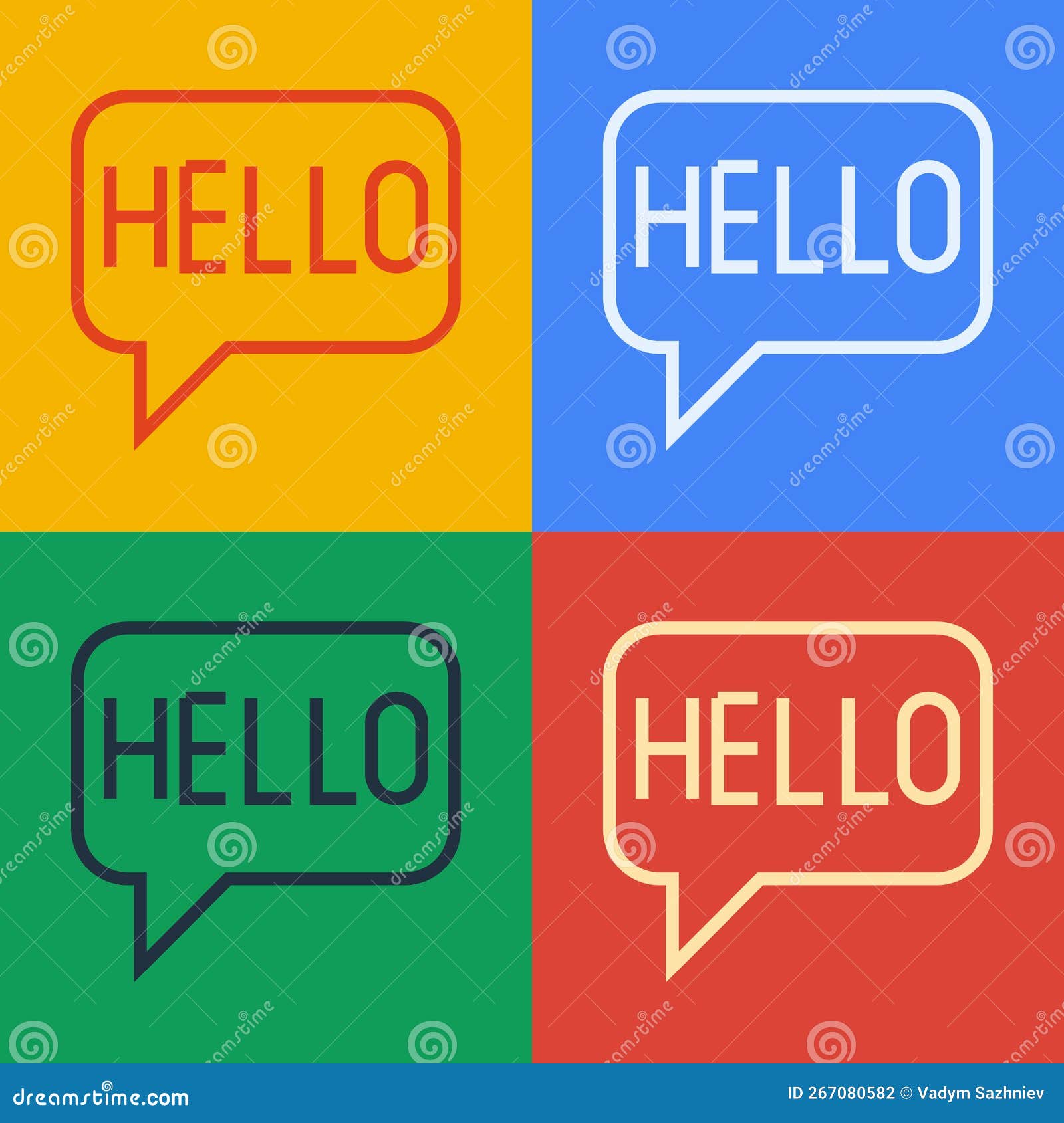 Pop Art Line Hello In Different Languages Icon Isolated On Color ...