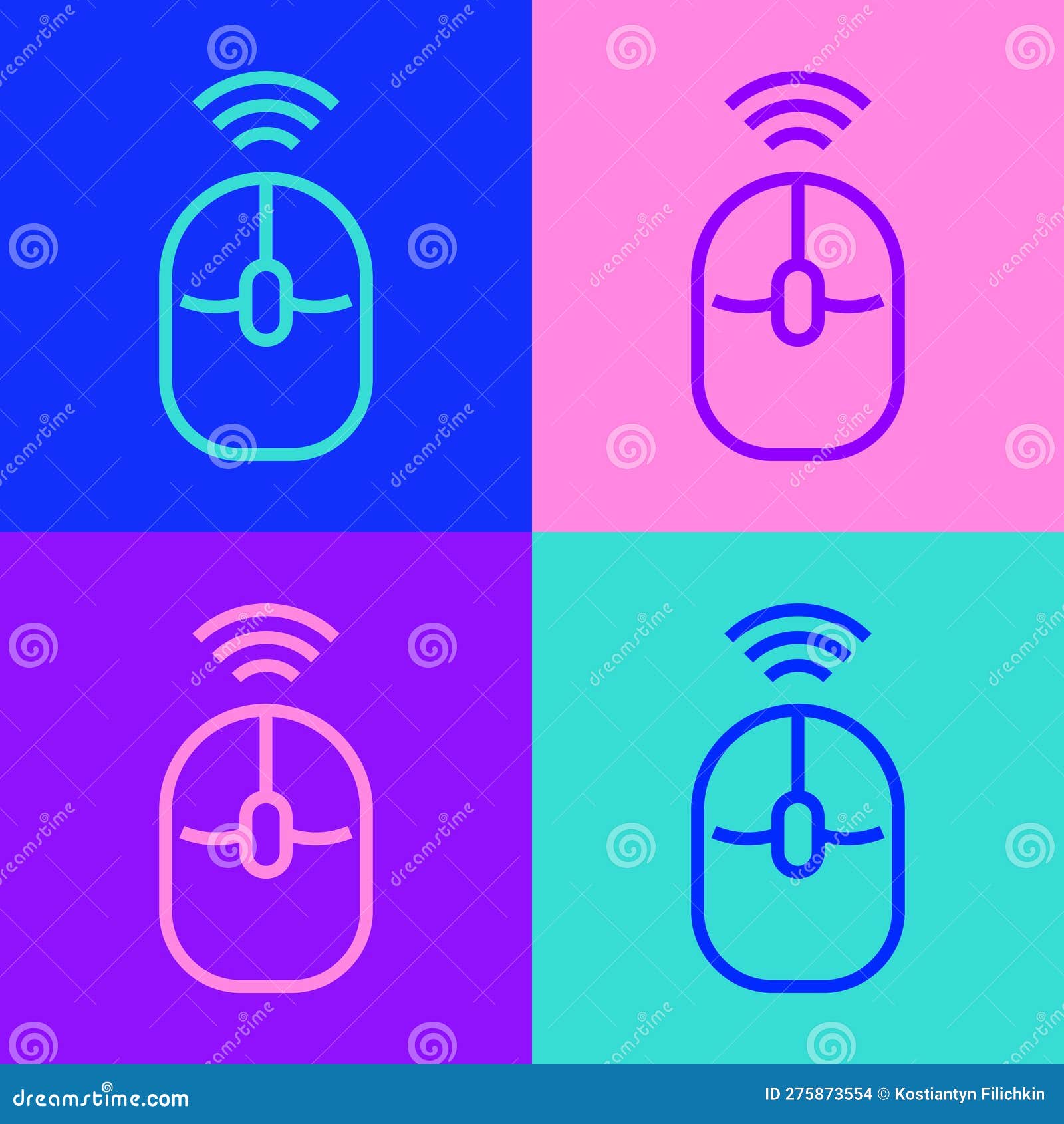 Pop Art Line Wireless Computer Mouse Icon Isolated on Color Background ...