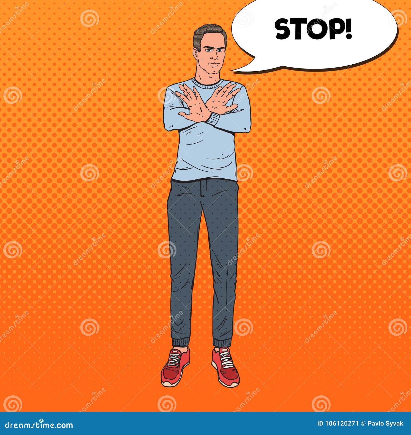 Pop Art Man Gesturing Stop Hand Sign. Guy Refusing Cartoon Vector ...