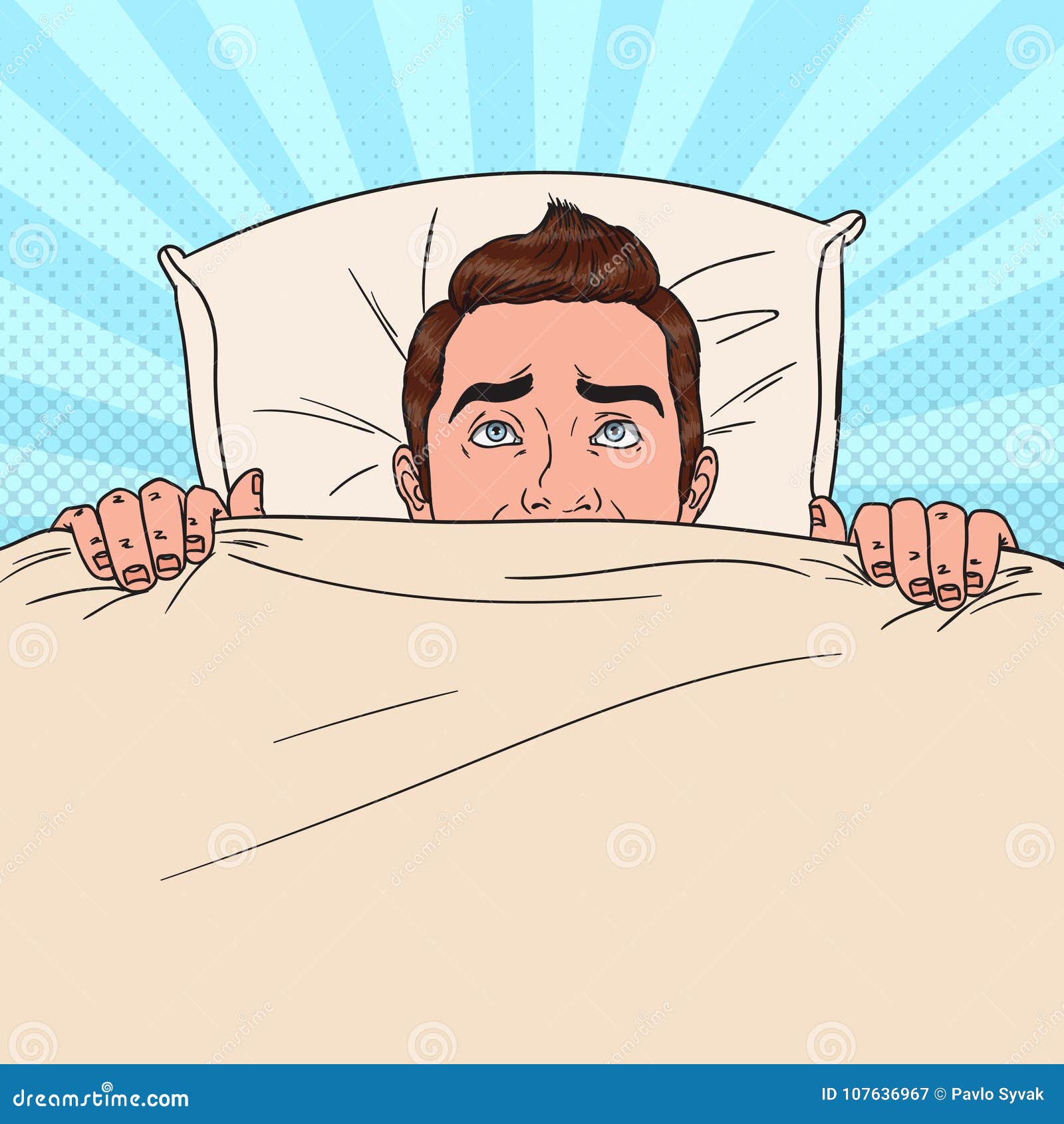 Pop Art Man Hiding In Bed. Scared Guy Peeps Up Under The Blanket Vector ... Pop Art Man Hiding In Bed. Scared Guy Peeps Up Under The Blanket Vector ...