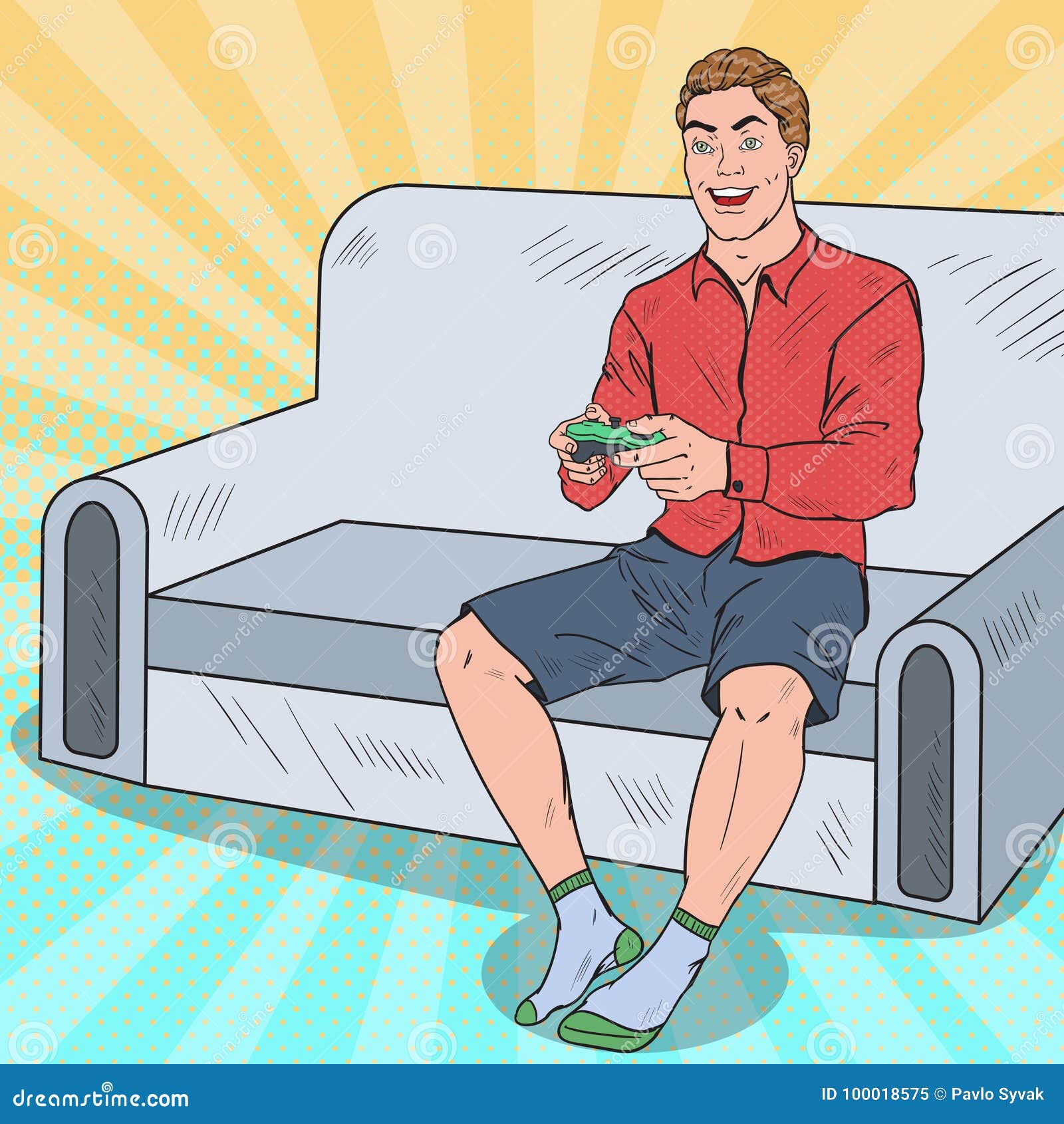 Pop Art Man Playing Video Game on a Game Console. Computer Gaming Stock ...