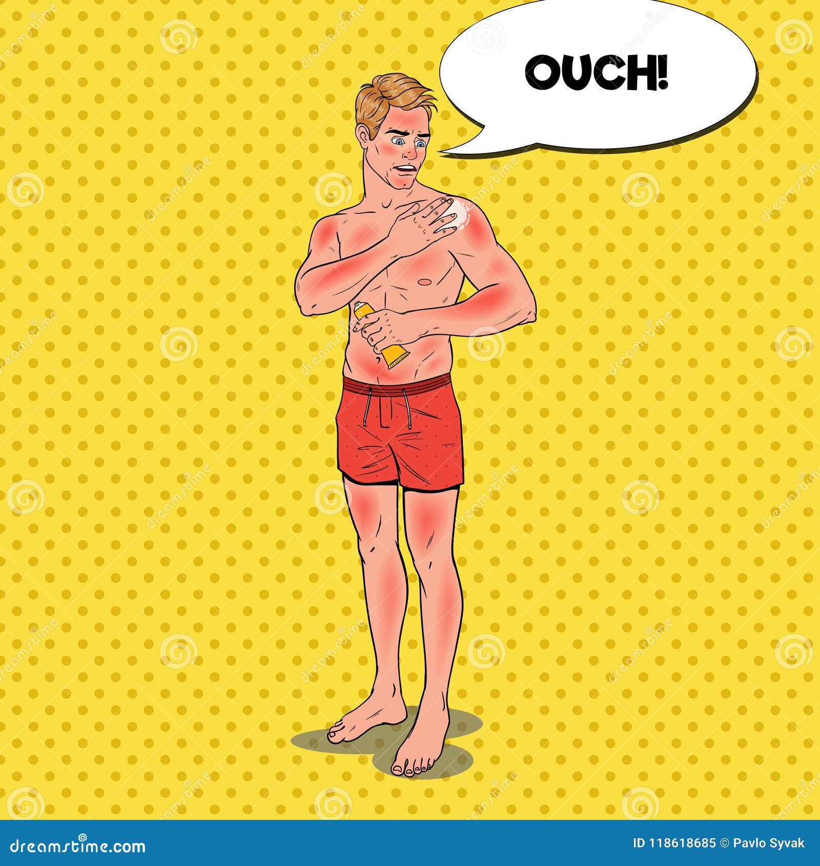Pop Art Man With Sunburn Tourist Applying Suncream On Sunburned Skin