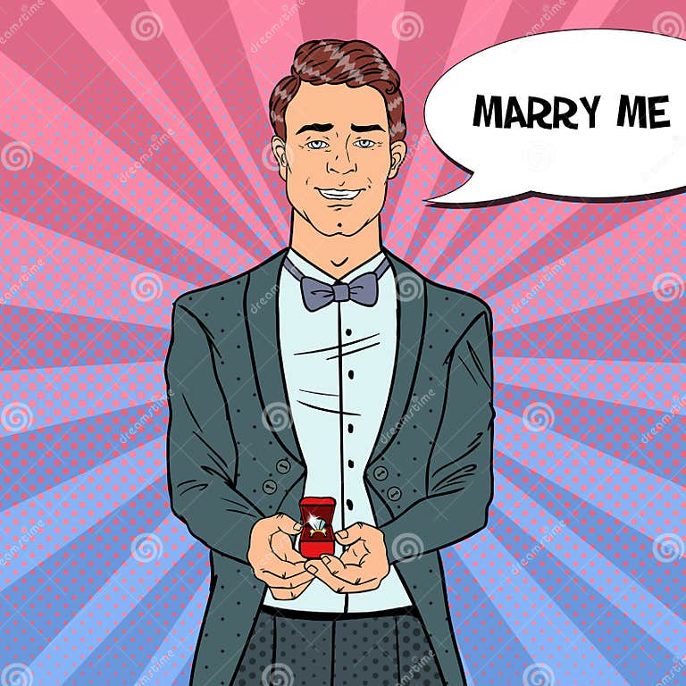 Pop Art Man In Tail Coat With Wedding Ring Marriage Proposal Stock